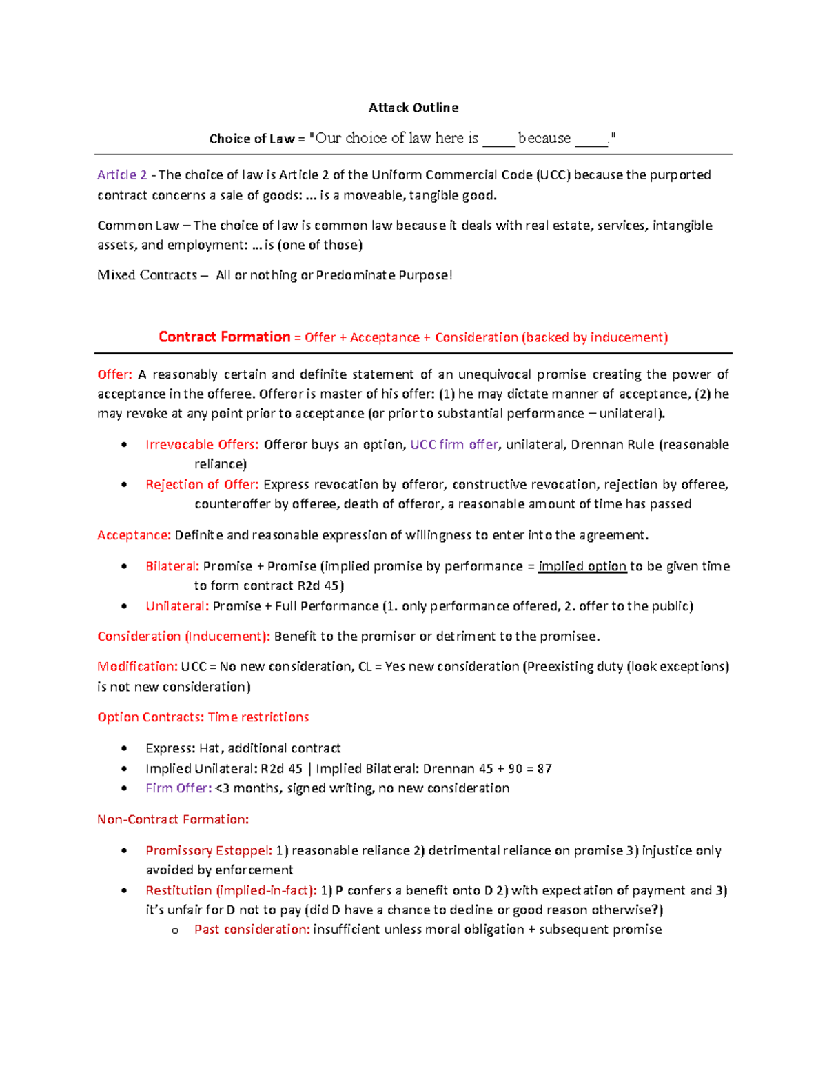 Contracts Attack Outline (by CEO) - Attack Outline Choice of Law = "Our ...