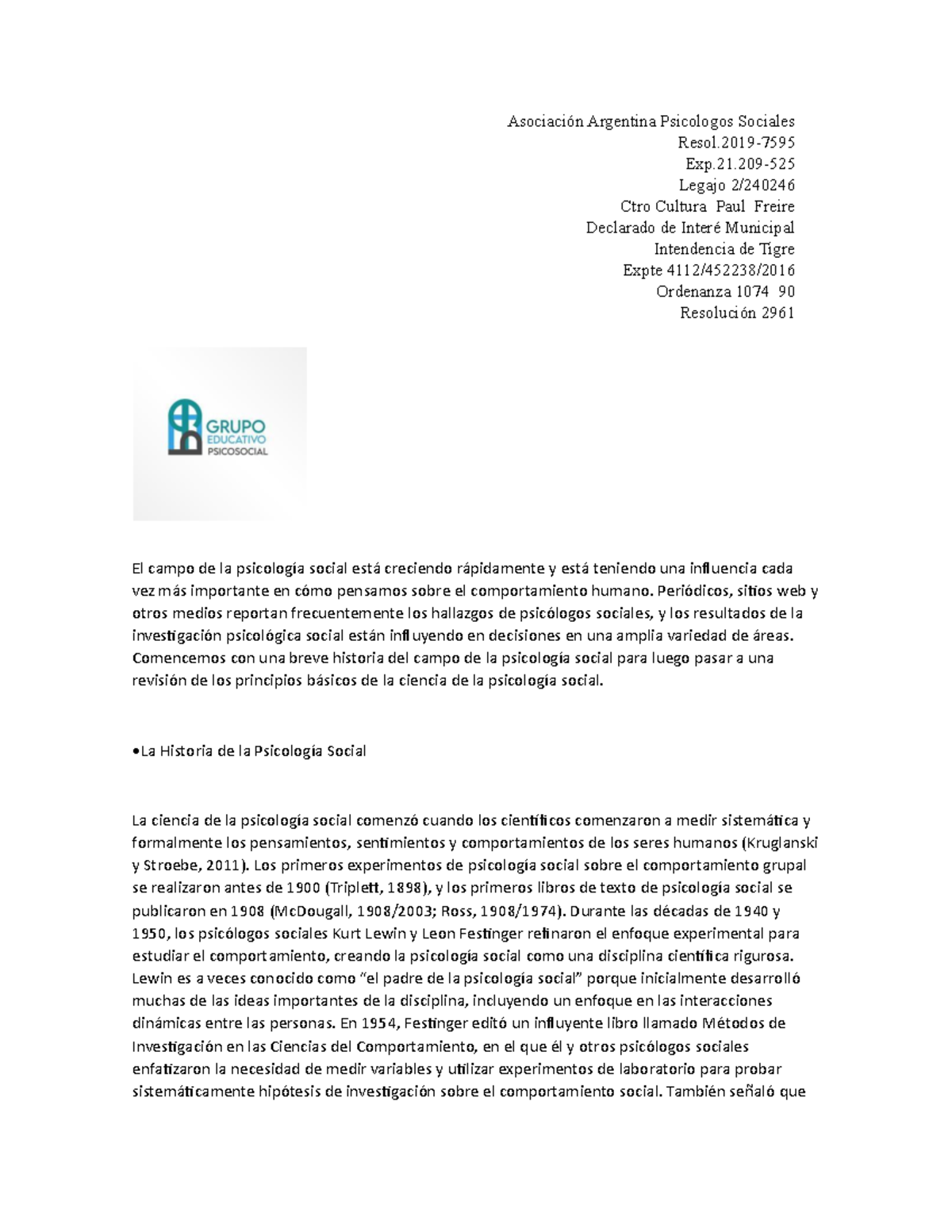 PS Historia. Objeto - Apuntes - Asociación Argentina Psicologos ...