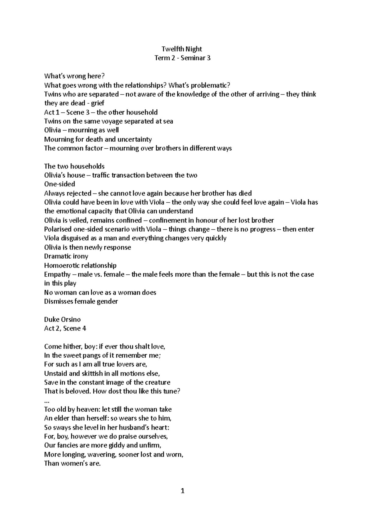 Shakespeare, Twelfth Night - Twelfth Night Term 2 - Seminar 3 What’s ...