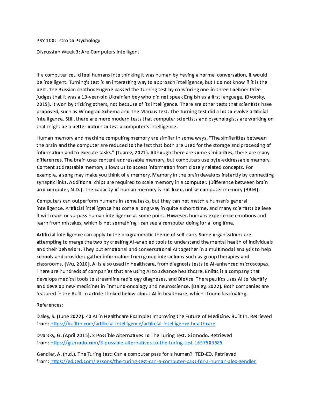 PSY 108 discussion 3 - PSY 108: Intro to Psychology Discussion Week 3 ...