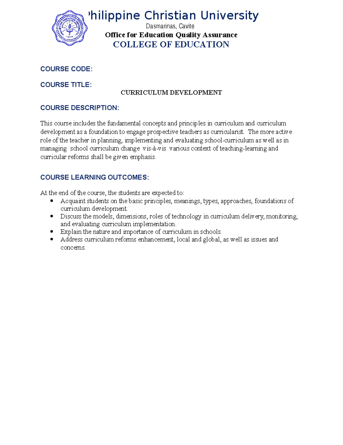 1 - Curriculum Development - Module -CHED Alligned - COURSE CODE ...