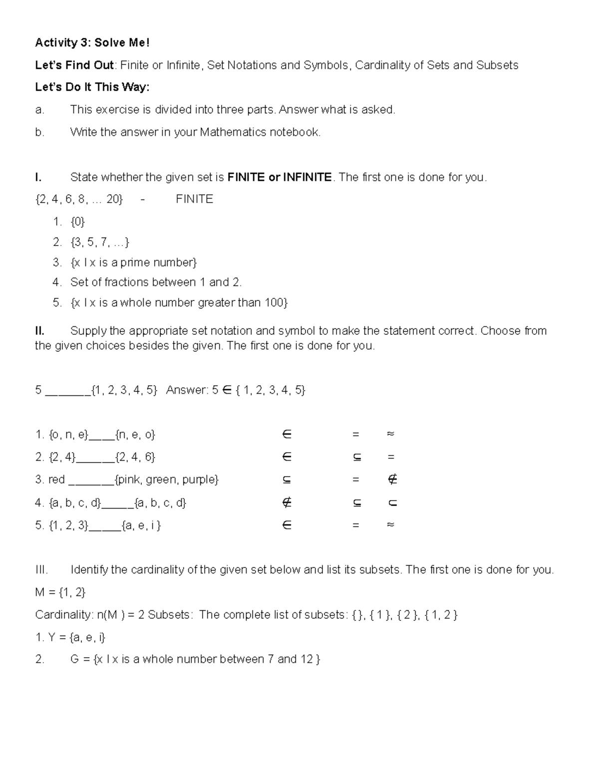 Activity 3 - Activity 3: Solve Me! Let’s Find Out: Finite or Infinite, Set Notations and Symbols ...