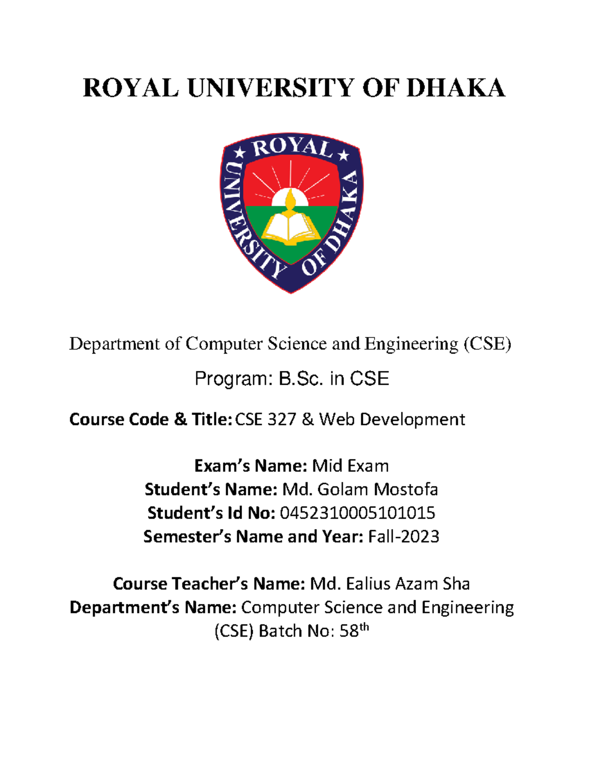 CSE 327 & Web Development - ROYAL UNIVERSITY OF DHAKA Department of ...