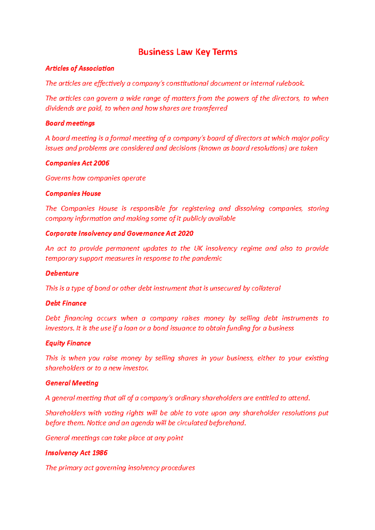 Business Law Key Terms - Business Law Key Terms Articles of Association ...