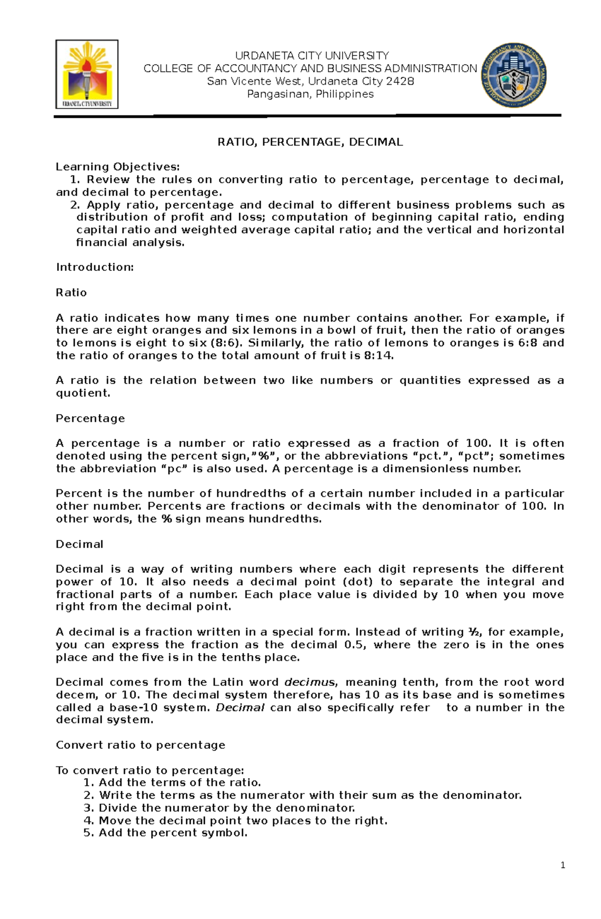 Ratio-Percentage-Decimal - URDANETA CITY UNIVERSITY COLLEGE OF ...
