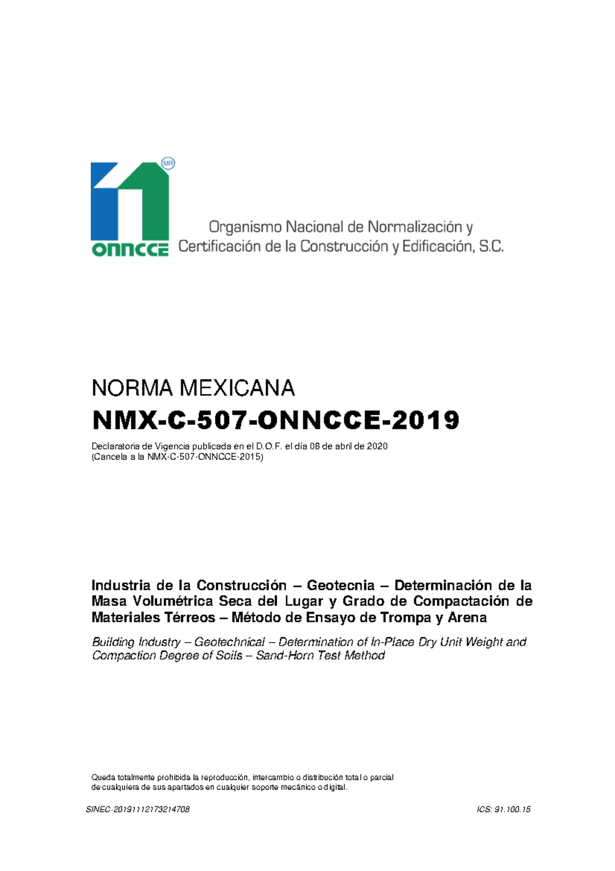 NMX C 507 Onncce 2019 - Esta norma mexicana establece los procedimientos para obtener la - Studocu