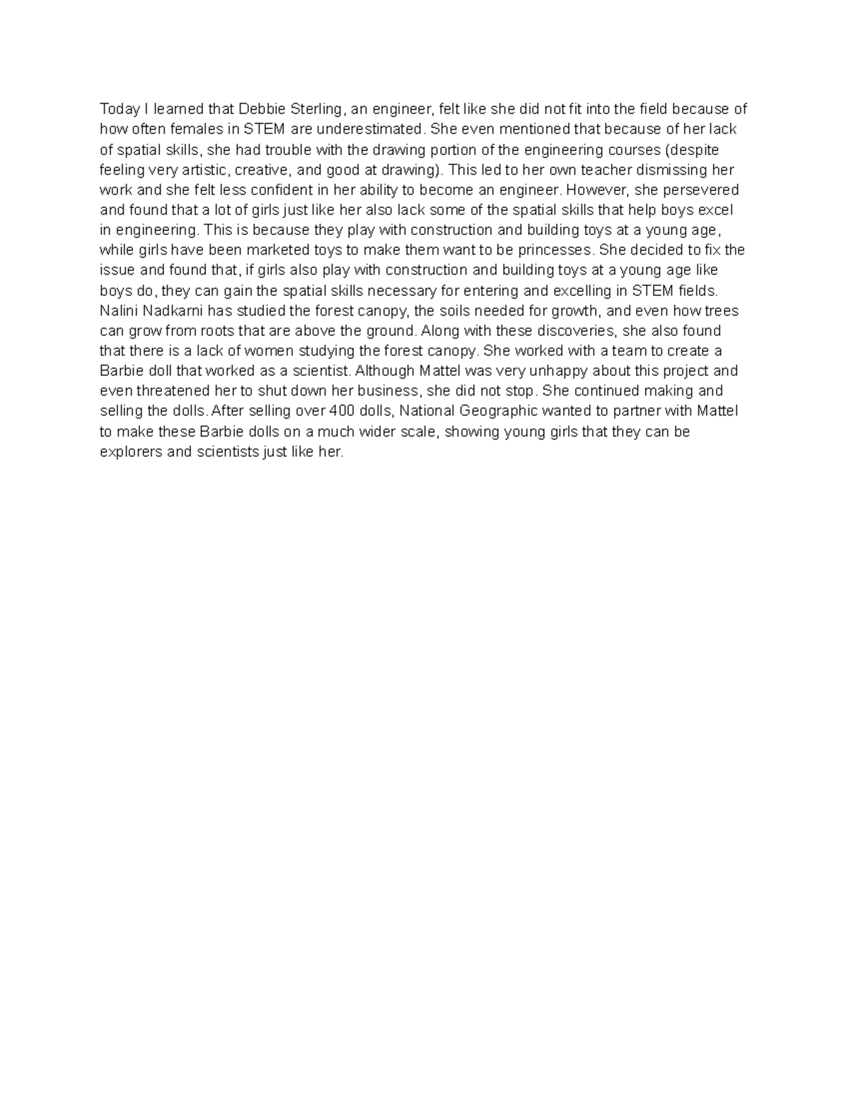 Week 15 Summary - Today I learned that Debbie Sterling, an engineer ...