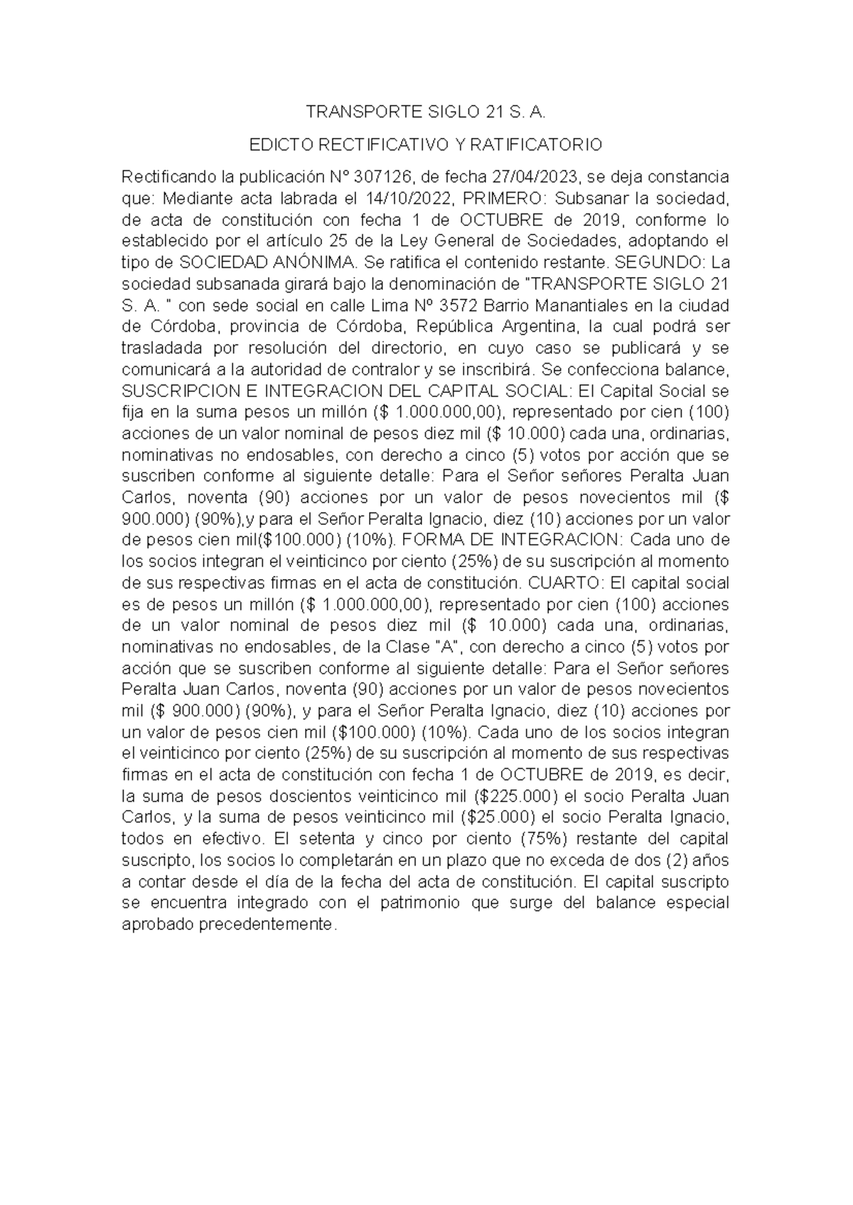 Act prac 3 pers jur - ACTA - TRANSPORTE SIGLO 21 S. A. EDICTO ...