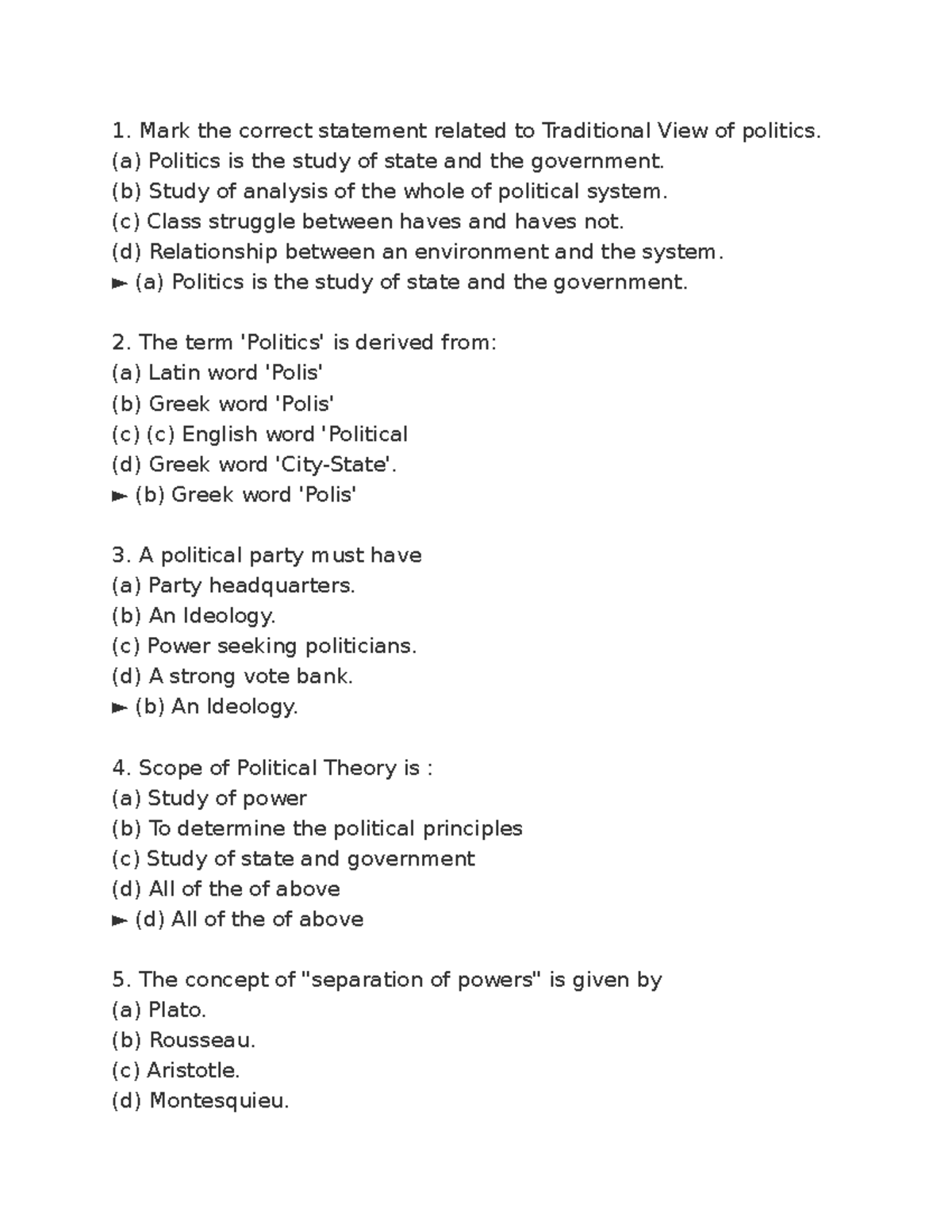 Political Theory mcq - notes - Mark the correct statement related to ...