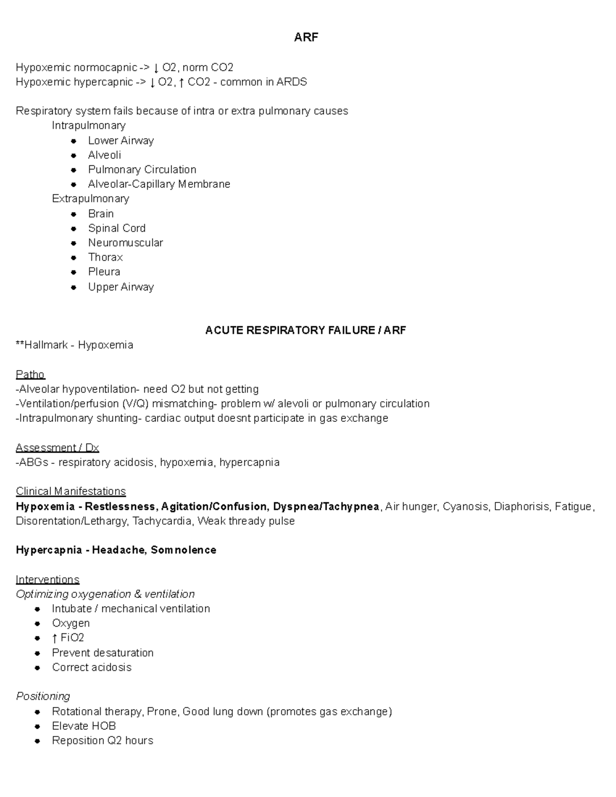 ARF ARDS notes - ARF Hypoxemic normocapnic -> ↓ O2, norm CO Hypoxemic ...