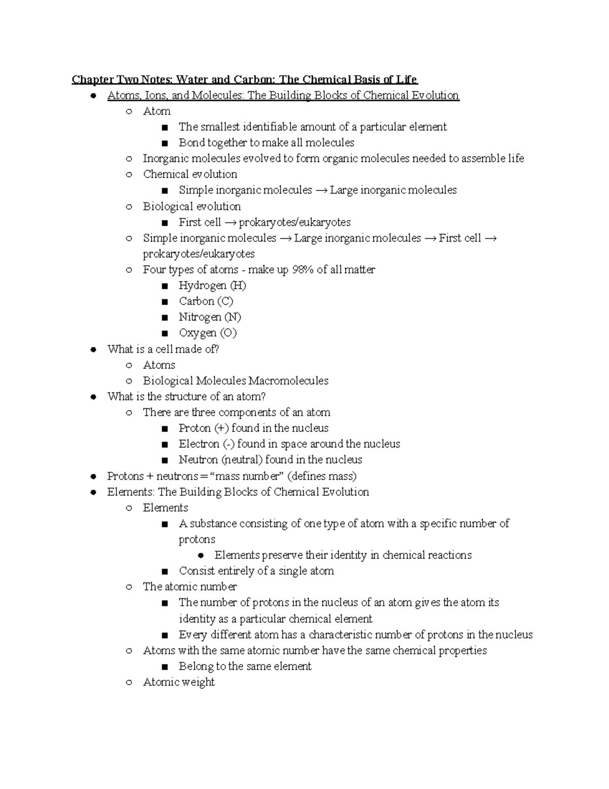 Lecture Notes and Chapter Notes - Chapter Two Notes: Water and Carbon ...