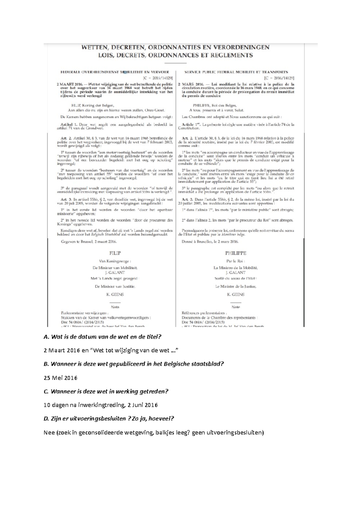 Oefeningen - A. Wat is de datum van de wet en de titel? 2 Maart 2016 en ...