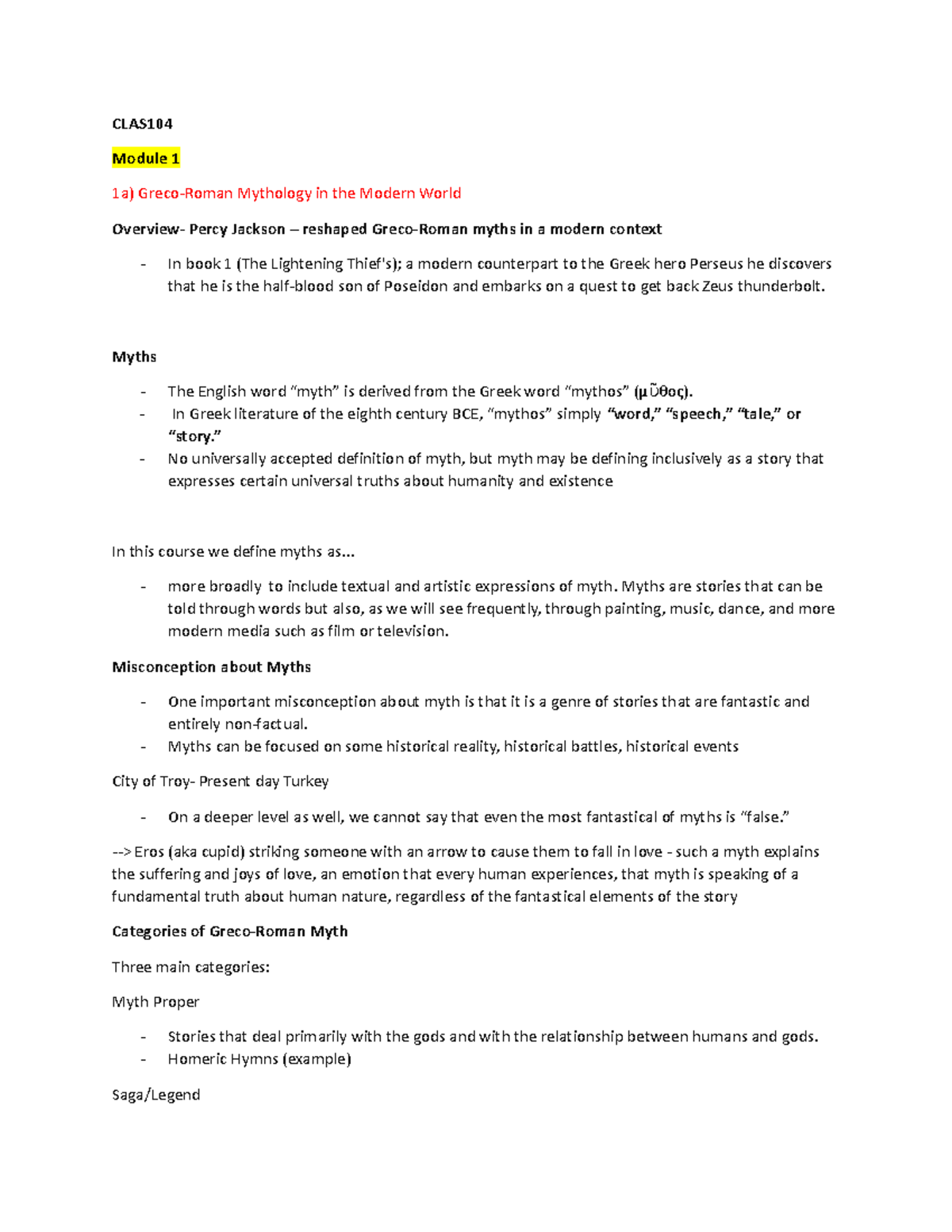 CLAS104 Notes Test 1 (Module 1-3) - CLAS Module 1 1a) Greco-Roman ...