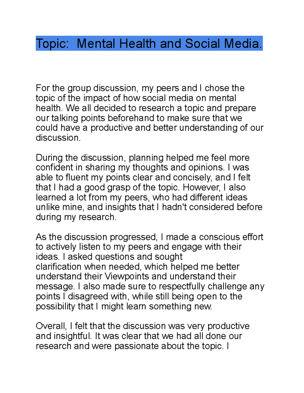 Anthony- Group Discussion - Topic: Mental Health and Social Media. For ...