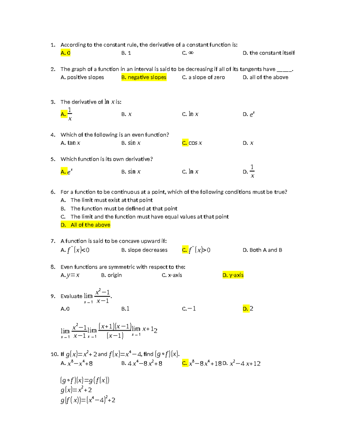 Calculus I and II Questionnaire - According to the constant rule, the ...
