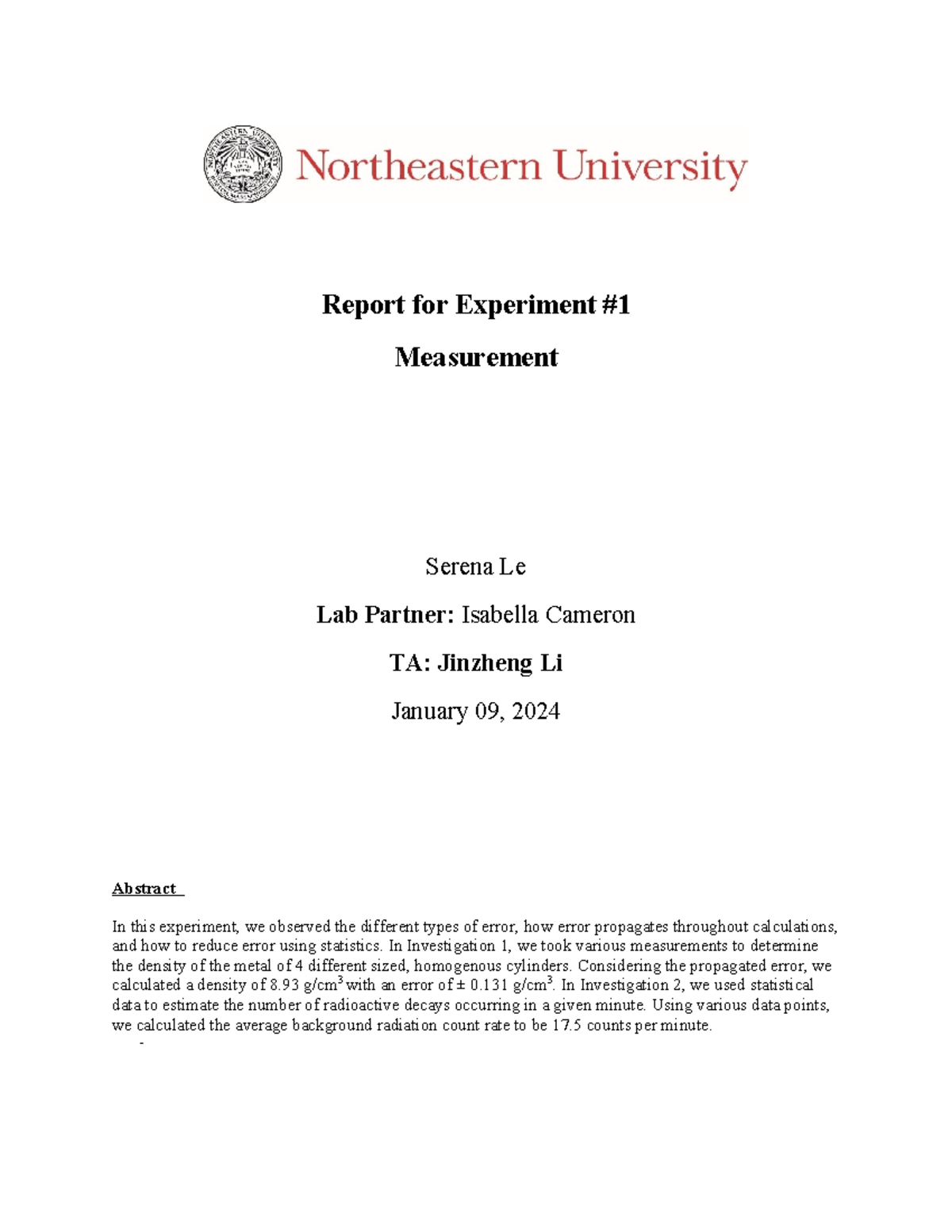 Lab Report #1 - Report for Experiment Measurement Serena Le Lab Partner ...