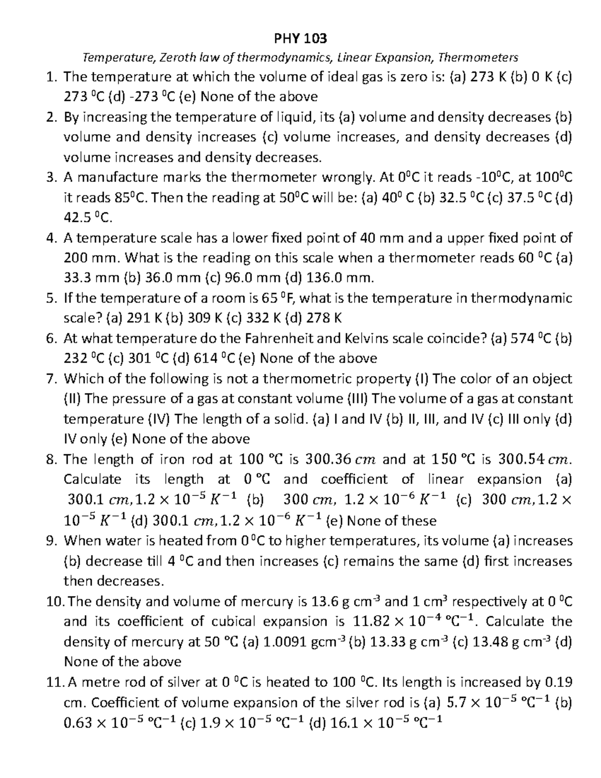 PHY 103 Lecture 1 MCQs - PHY 103 Temperature, Zeroth law of thermodynamics, Linear Expansion ...