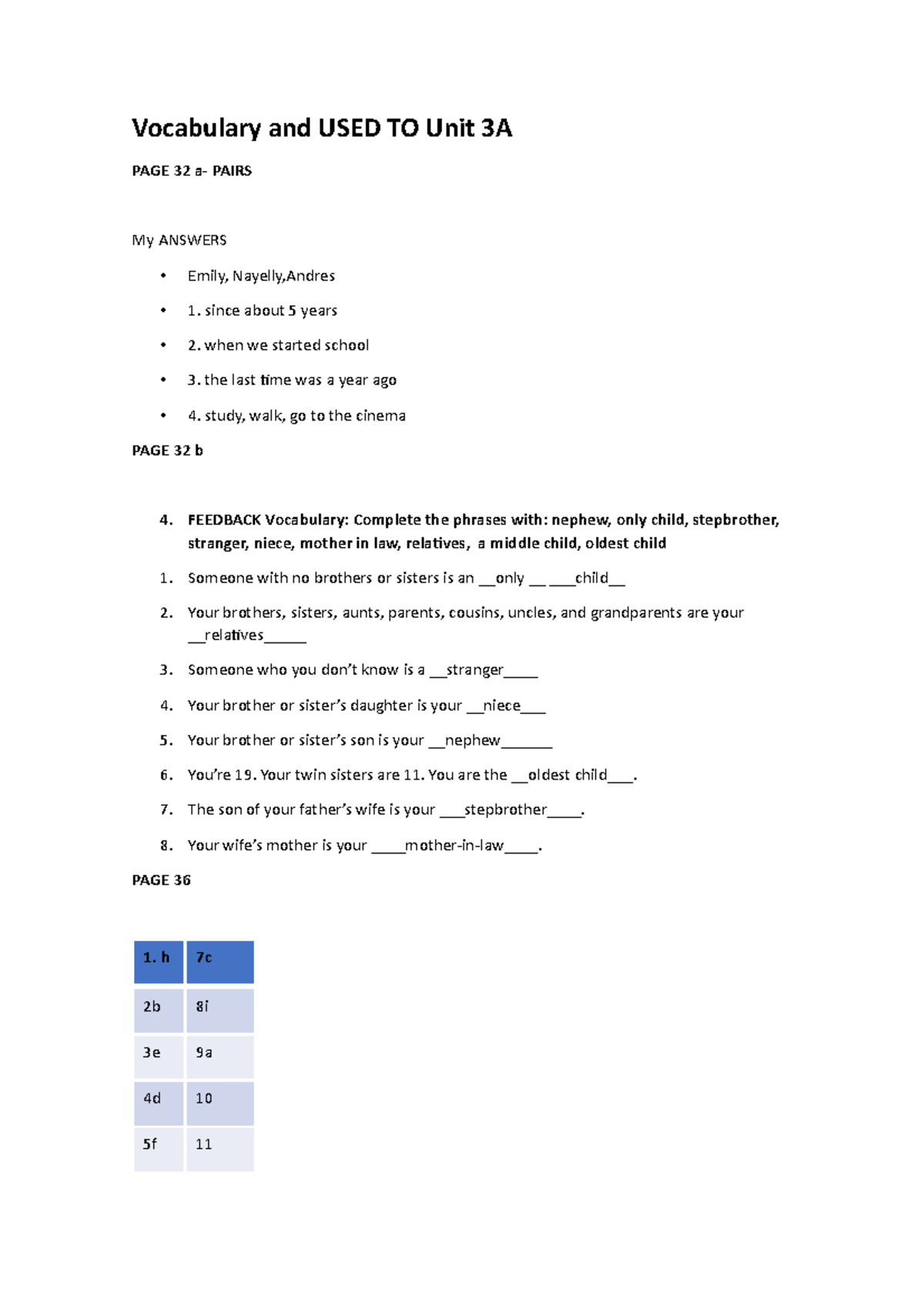 Ingles - Vocabulary and USED TO Unit 3A PAGE 32 a- PAIRS My ANSWERS ...
