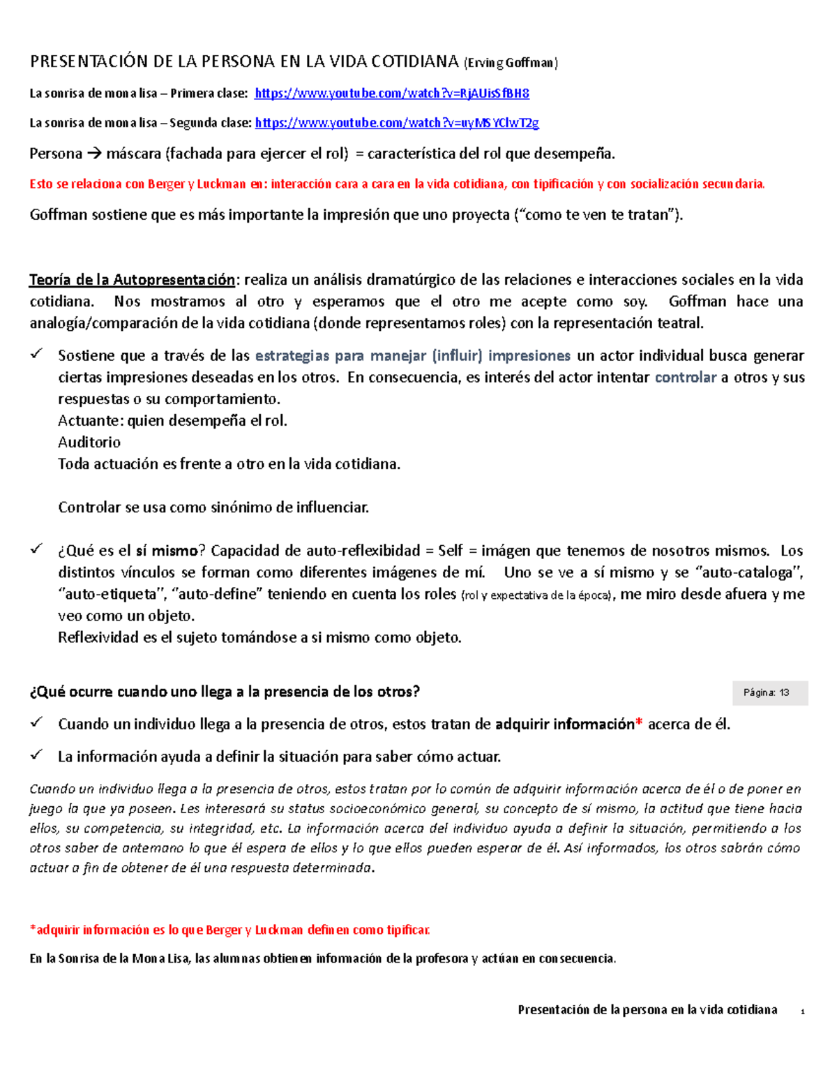 Clase 4 - Presentacion de la persona en la vida cotidiana - Goffman ...