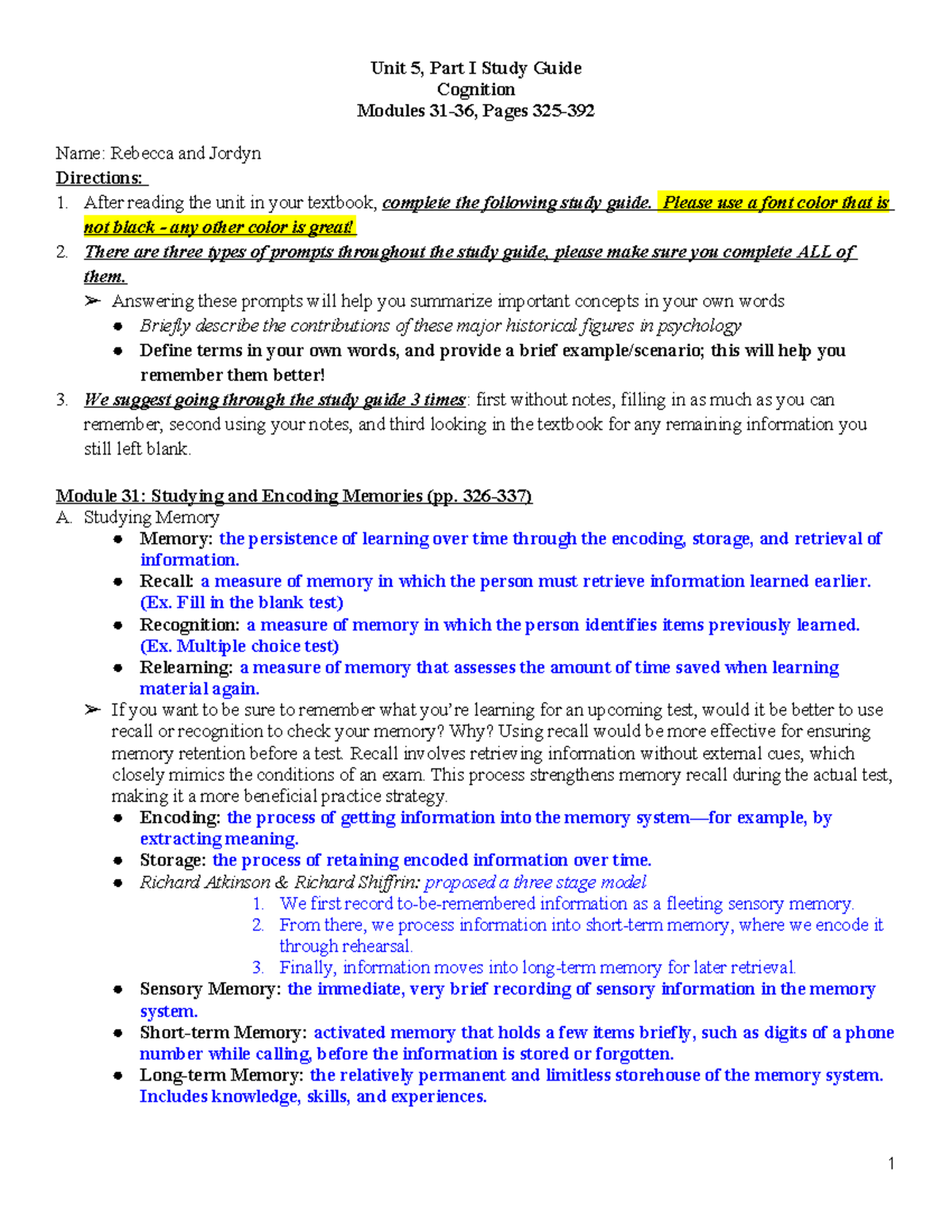 Copy of Copy of Unit 5, Part I Cognition - Unit 5, Part I Study Guide Cognition Modules 31-36 ...