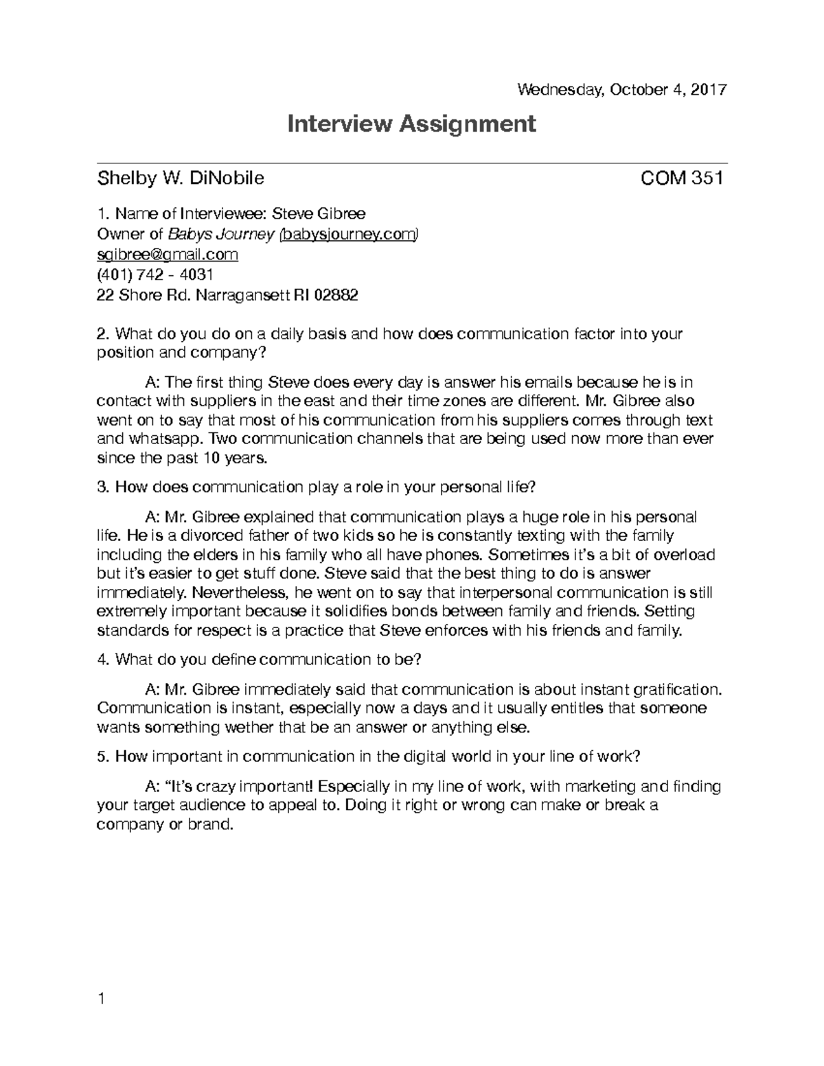 COM 351 Interview Assignment - Wednesday, October 4, 2017 Interview ...