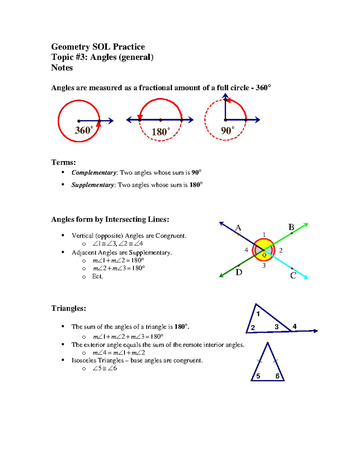 3 Geo SOLnotes Angles General - Geometry SOL Practice Topic #3: Angles ...