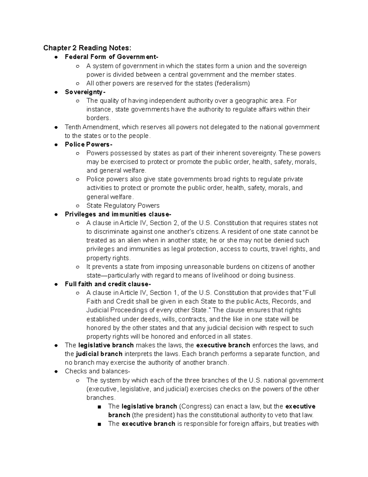 Chapter 2 Reading Notes - Chapter 2 Reading Notes: Federal Form of ...