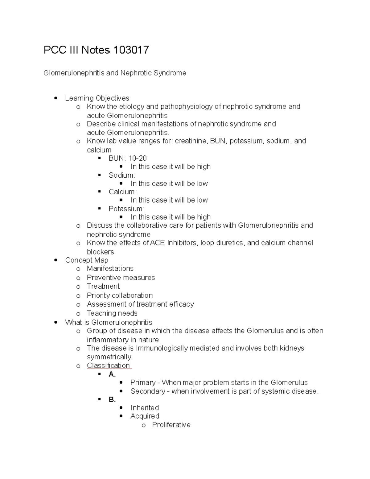 PCC III Notes 103017 - PCC III Notes 103017 Glomerulonephritis and ...