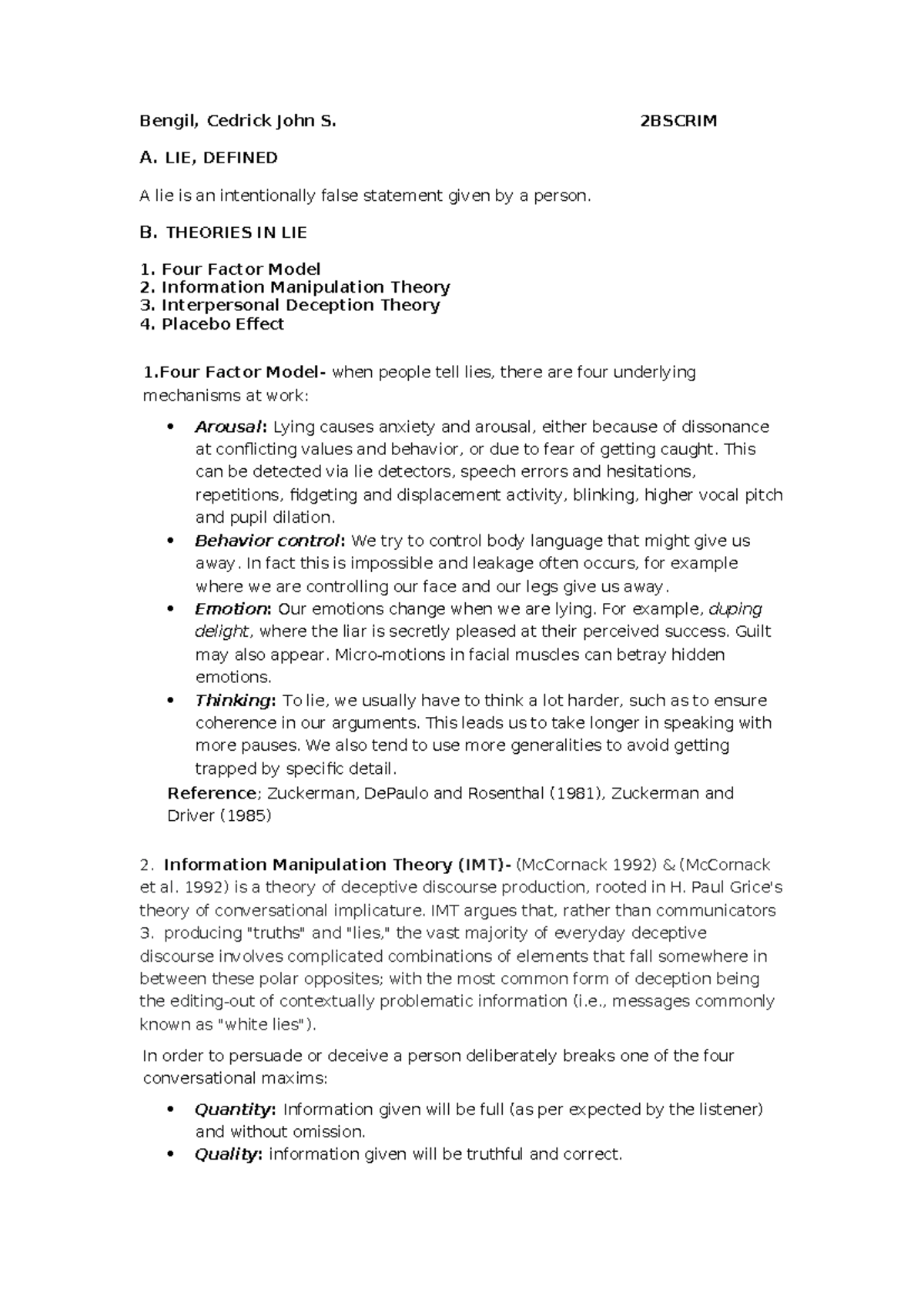 theory on lies and sample questions - Bengil, Cedrick John S. 2BSCRIM A ...