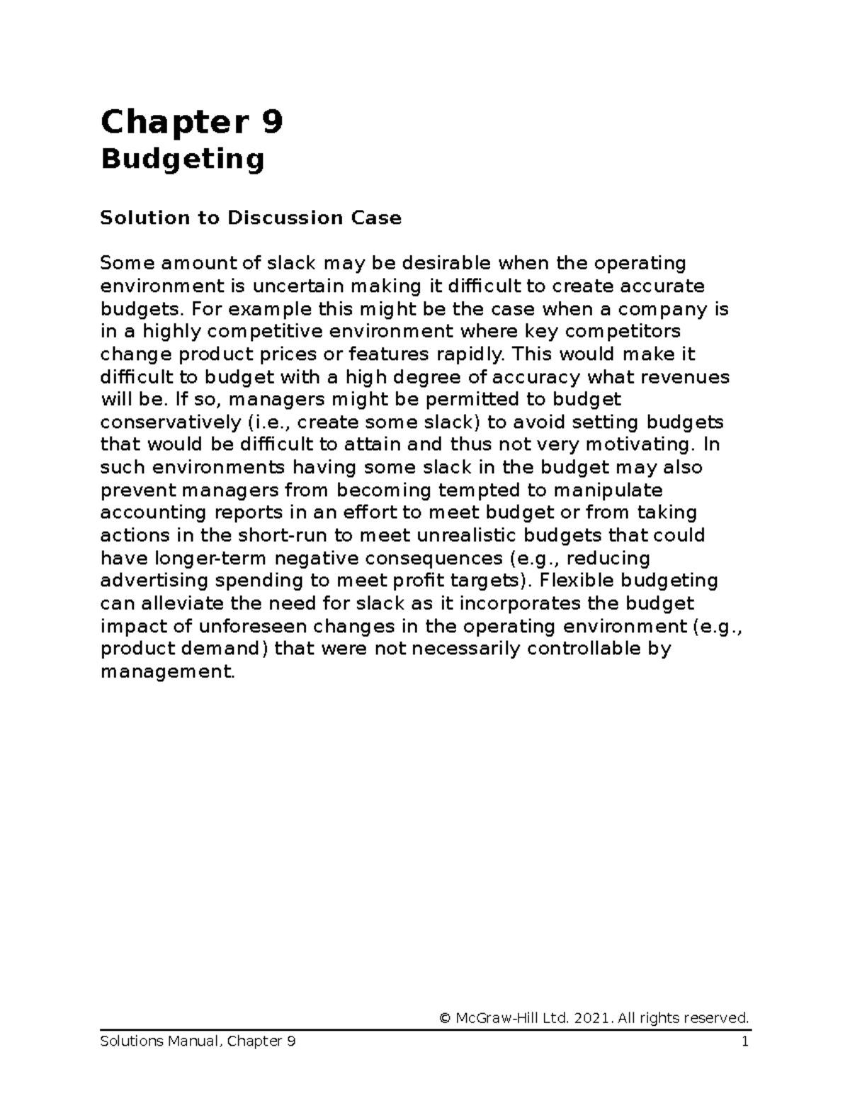 Chapter 9 - Accounting - Chapter 9 Budgeting Solution to Discussion ...
