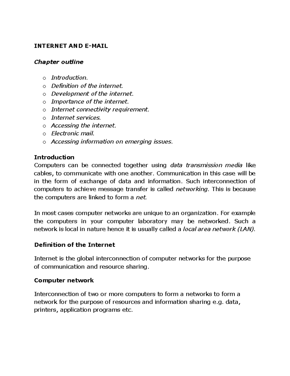 Internet AND Email Manual - INTERNET AND E-MAIL Chapter outline o ...