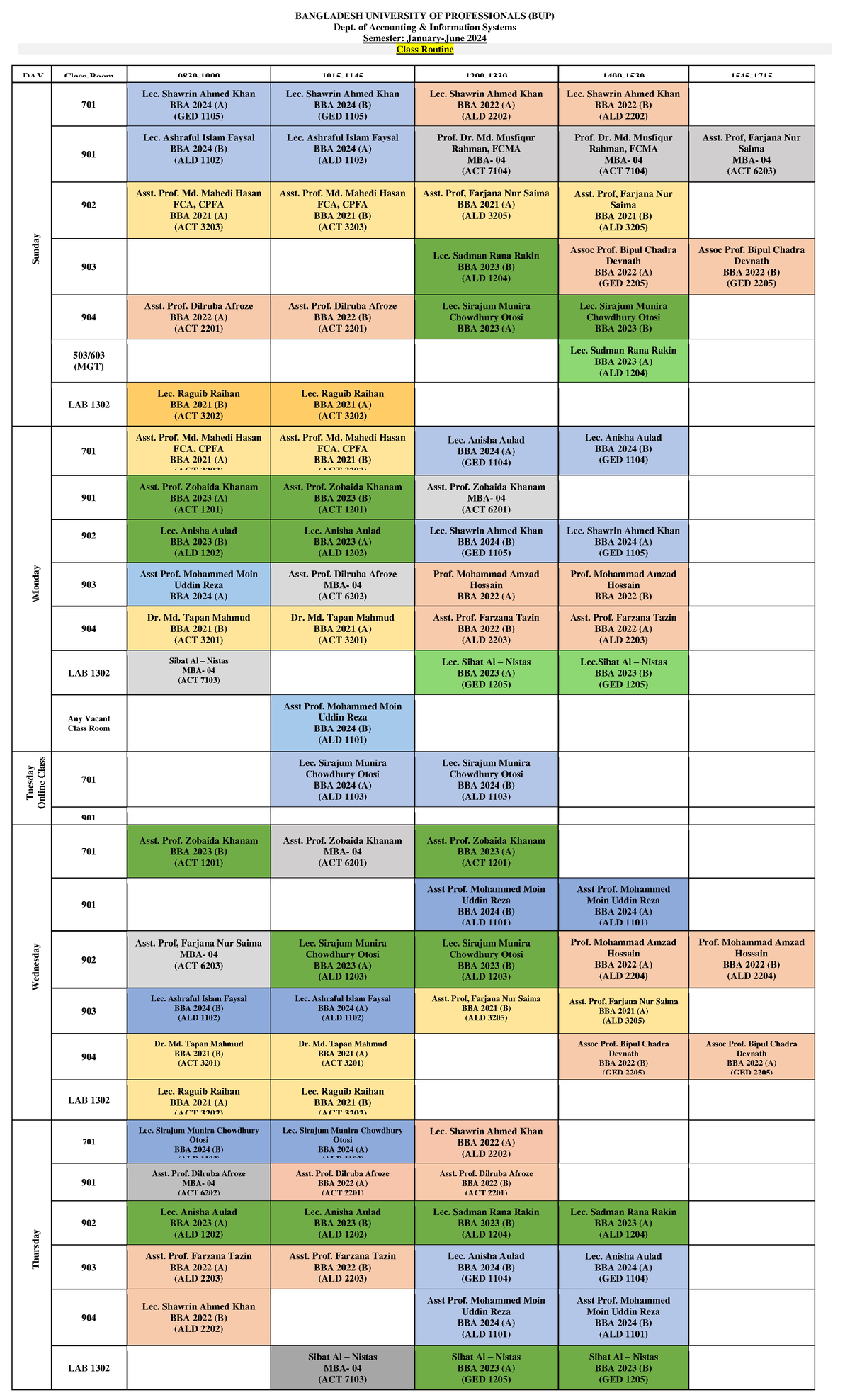 Class Routine NEW - BANGLADESH UNIVERSITY OF PROFESSIONALS (BUP) Dept. of Accounting & - Studocu