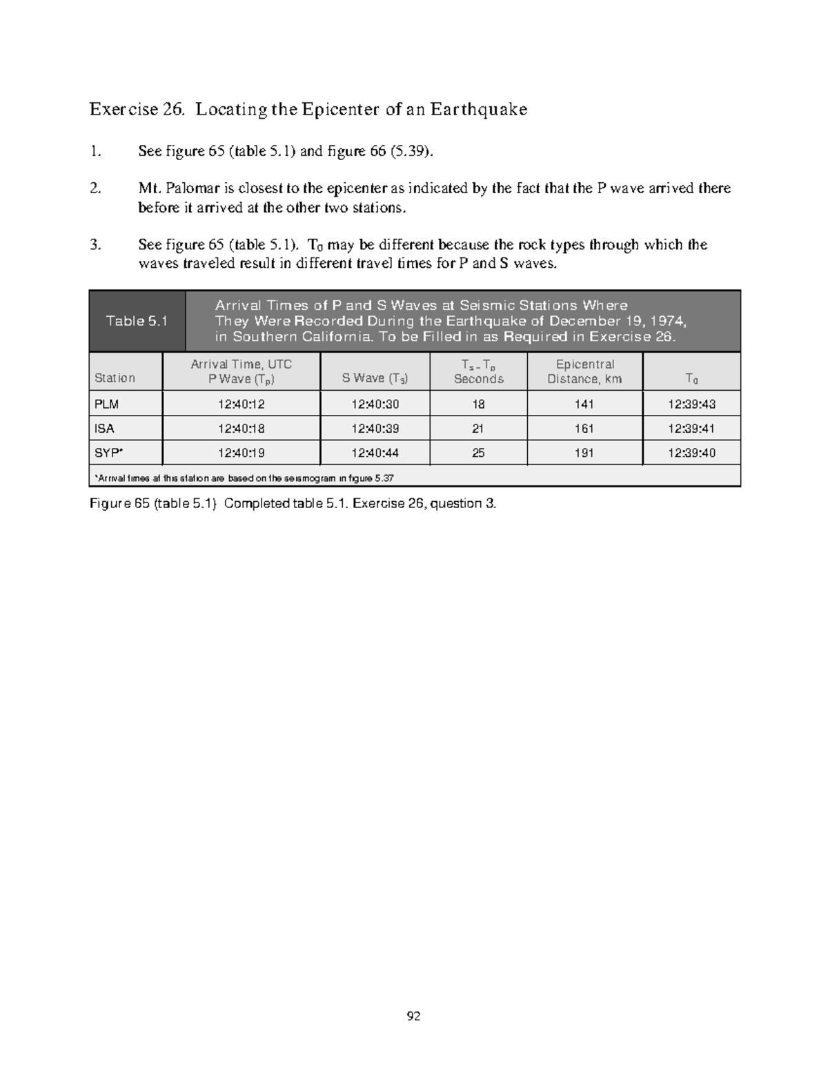 Exercise 26 - geol 107 exc #26 ans - 92 Exercise 26. Locating the Epicenter of an Earthquake 1 ...