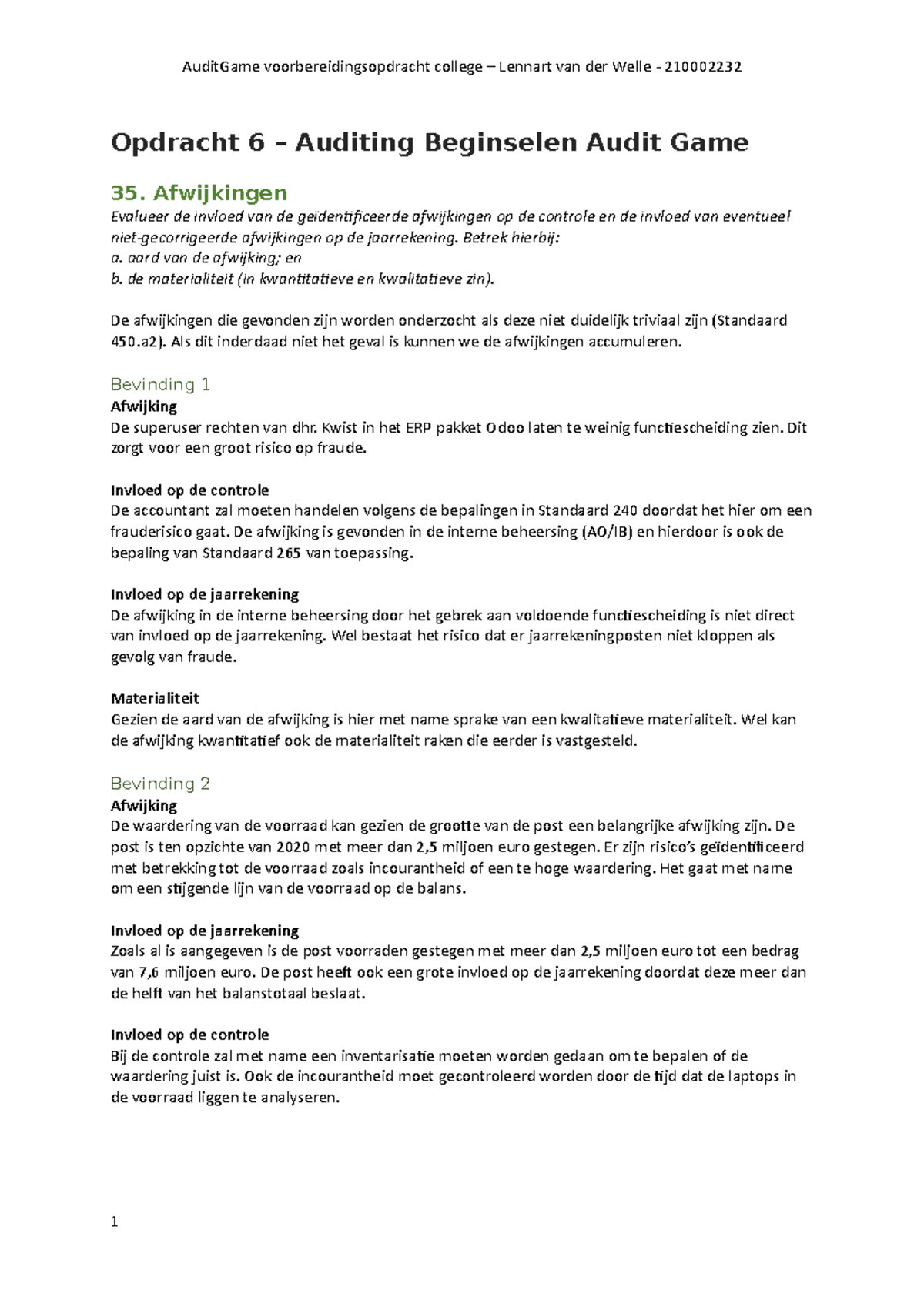 Opdracht Audit GAme 6 Auditing Beginselen vander Welle 210002232 ...