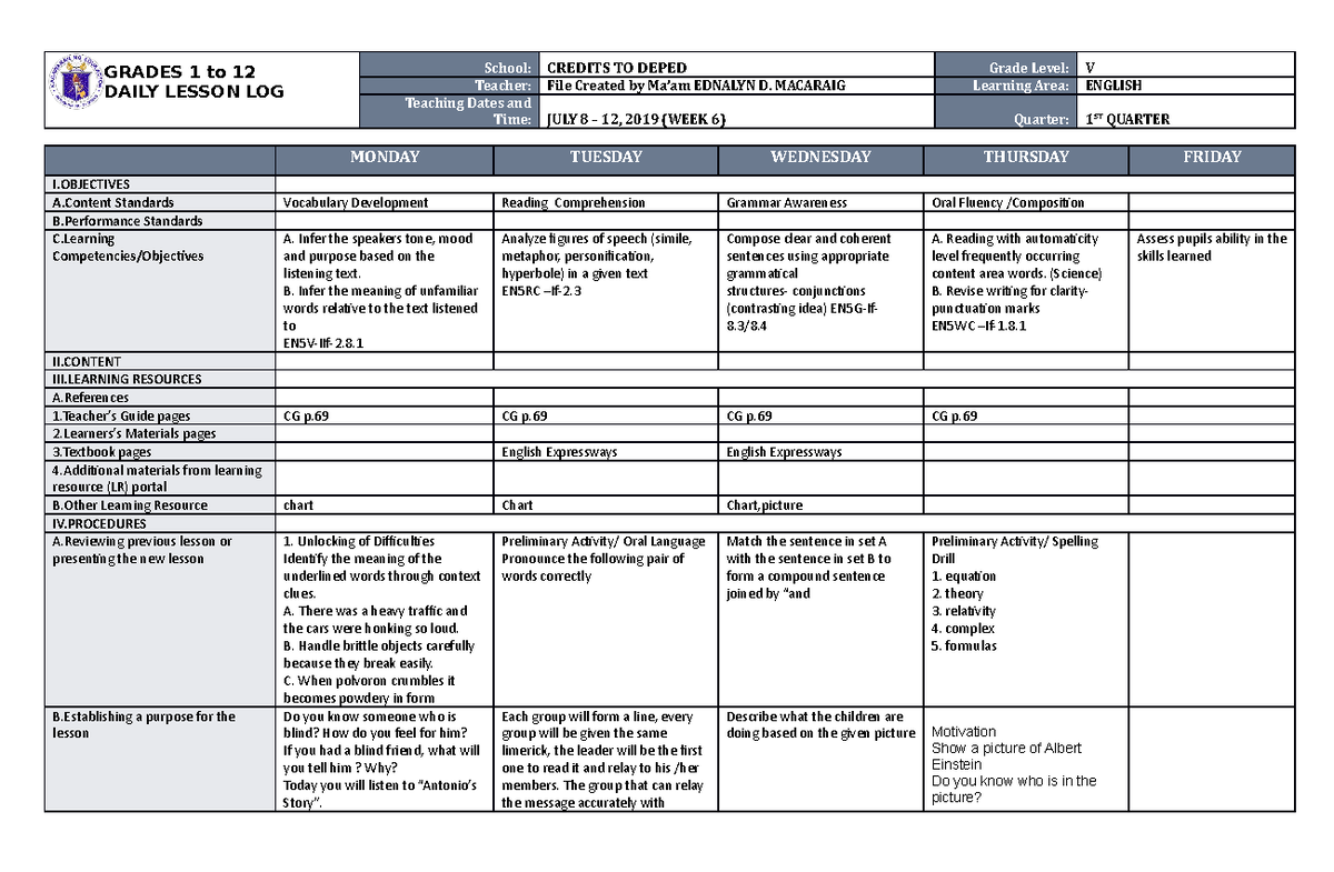 DLL Quarter 1 Week 6 English 5 1 - GRADES 1 to 12 DAILY LESSON LOG ...