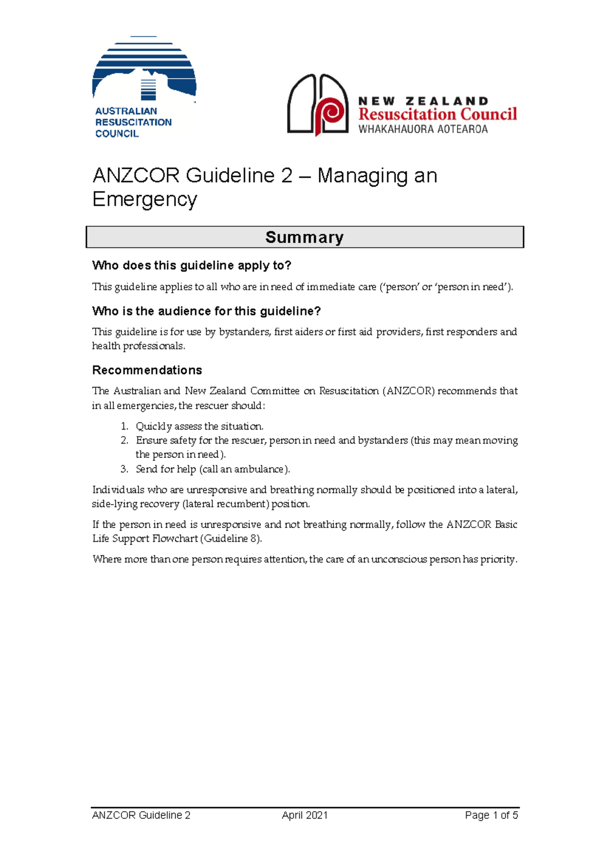 Anzcor guideline 2 managing an emergency apr 2021 - ANZCOR Guideline 2 ...