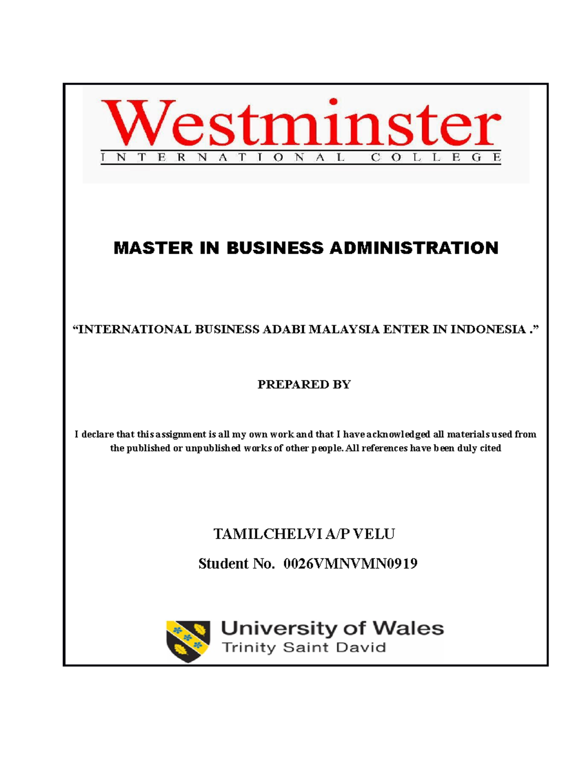 Assignment IB Amended 280420 - MASTER IN BUSINESS ADMINISTRATION ...