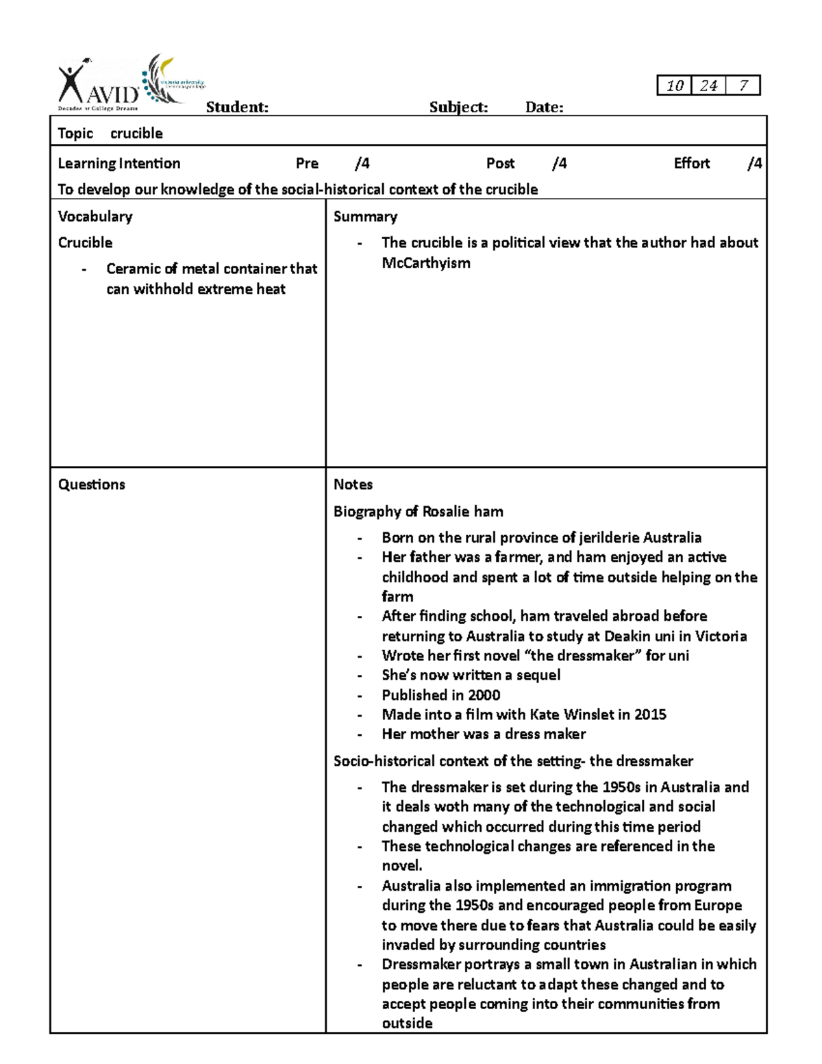 Crucible - Student: Subject: Date: Topic crucible Learning Intention ...
