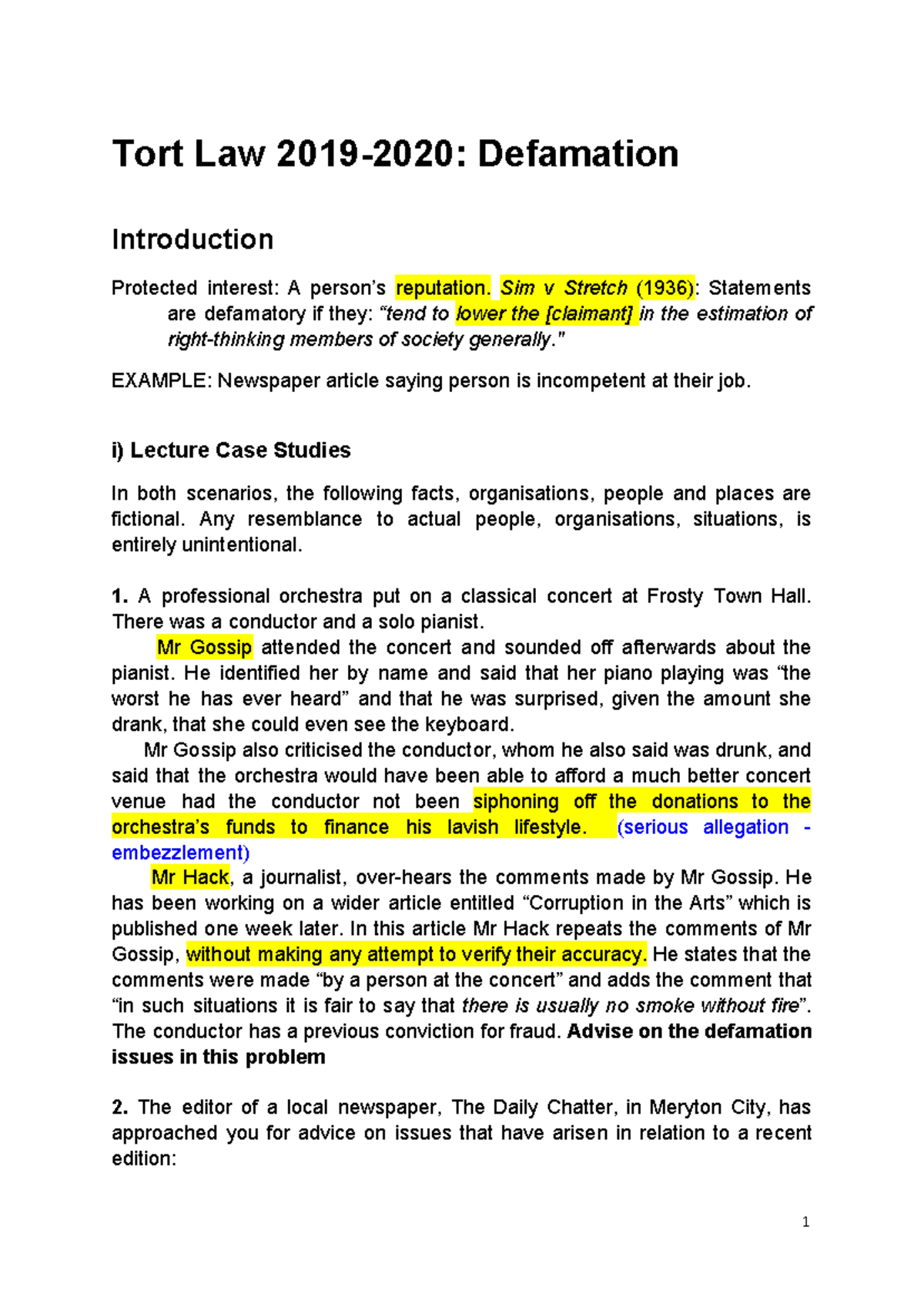 [Tort Law] Defamation - Tort Law 2019-2020: Defamation Introduction ...