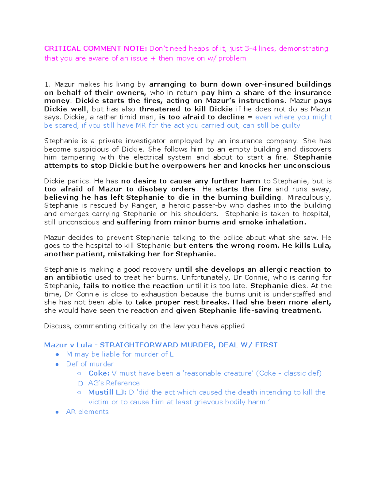 Criminal Law Problem Question Plans - CRITICAL COMMENT NOTE: Don’t need ...