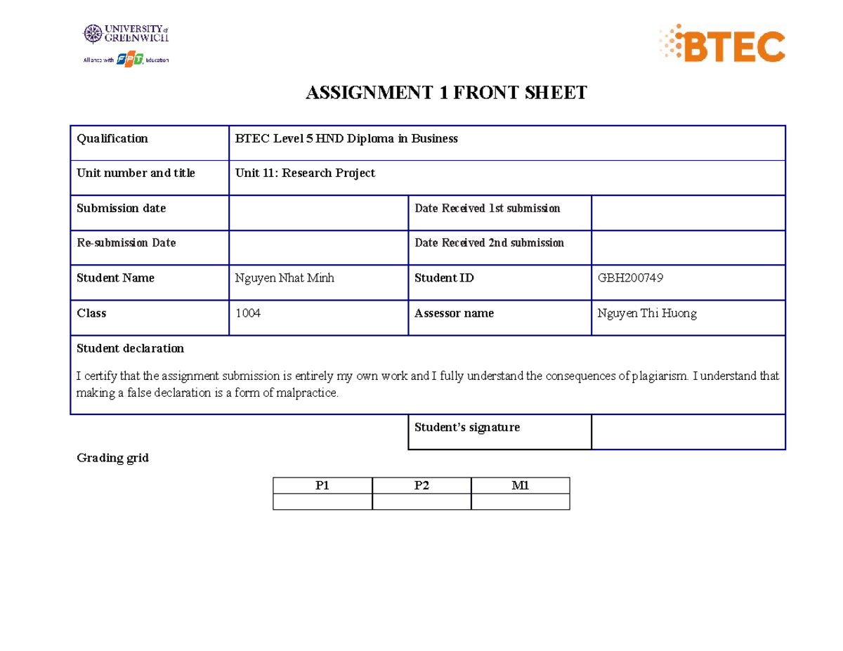 522 Assignment-1-frontsheet-Sep-2021 - ASSIGNMENT 1 FRONT SHEET Qualification BTEC Level 5 HND ...
