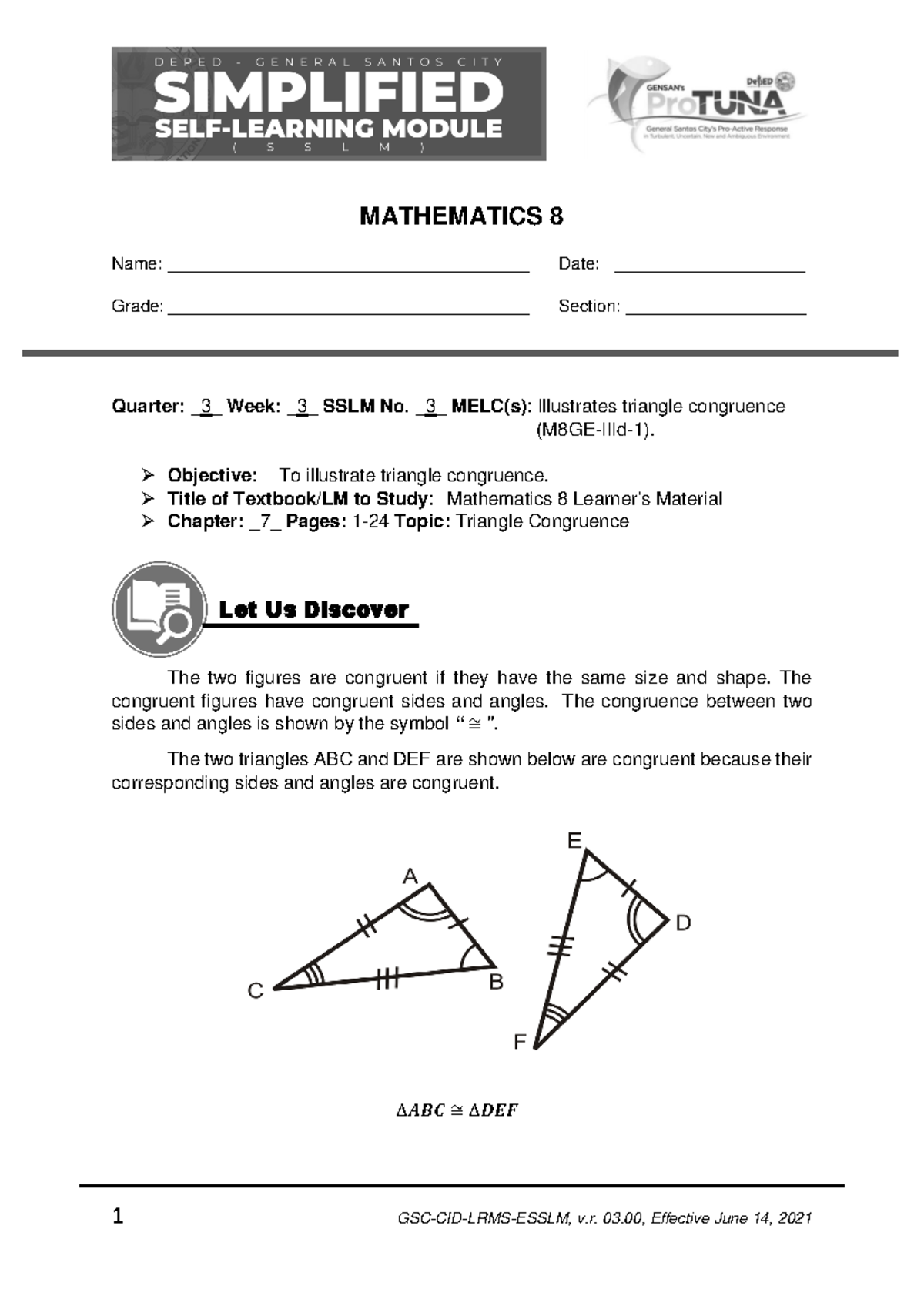 Q3 Math8 SSLM WEEK3 2 - rffeftgrtbybyby - ∆𝑨𝑩𝑪 ≅ ∆𝑫𝑬𝑭 MATHEMATICS 8 ...