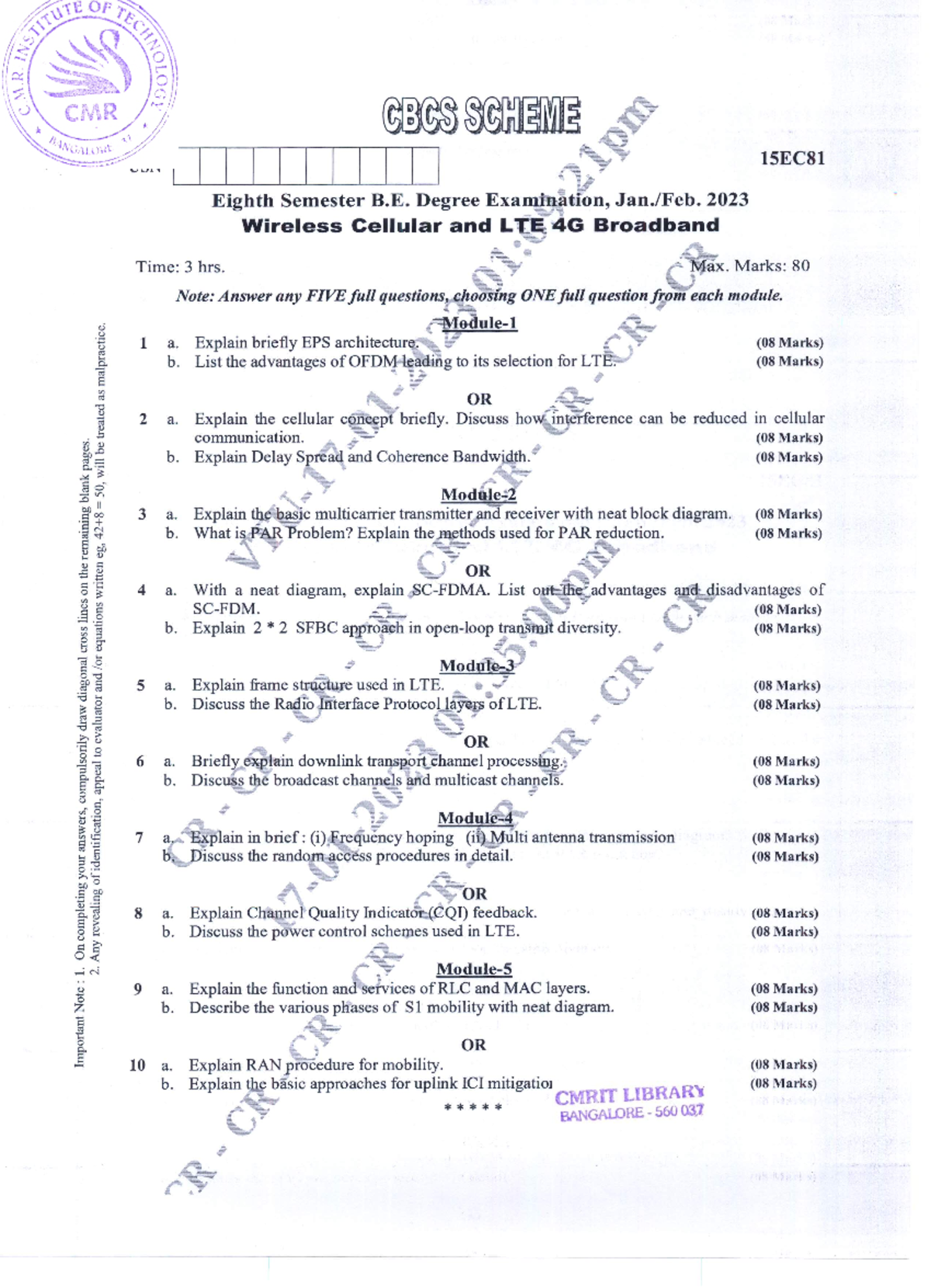 VTU Question Paper of 15EC81 Wireless Cellular and LTE 4G Broadband Jan ...