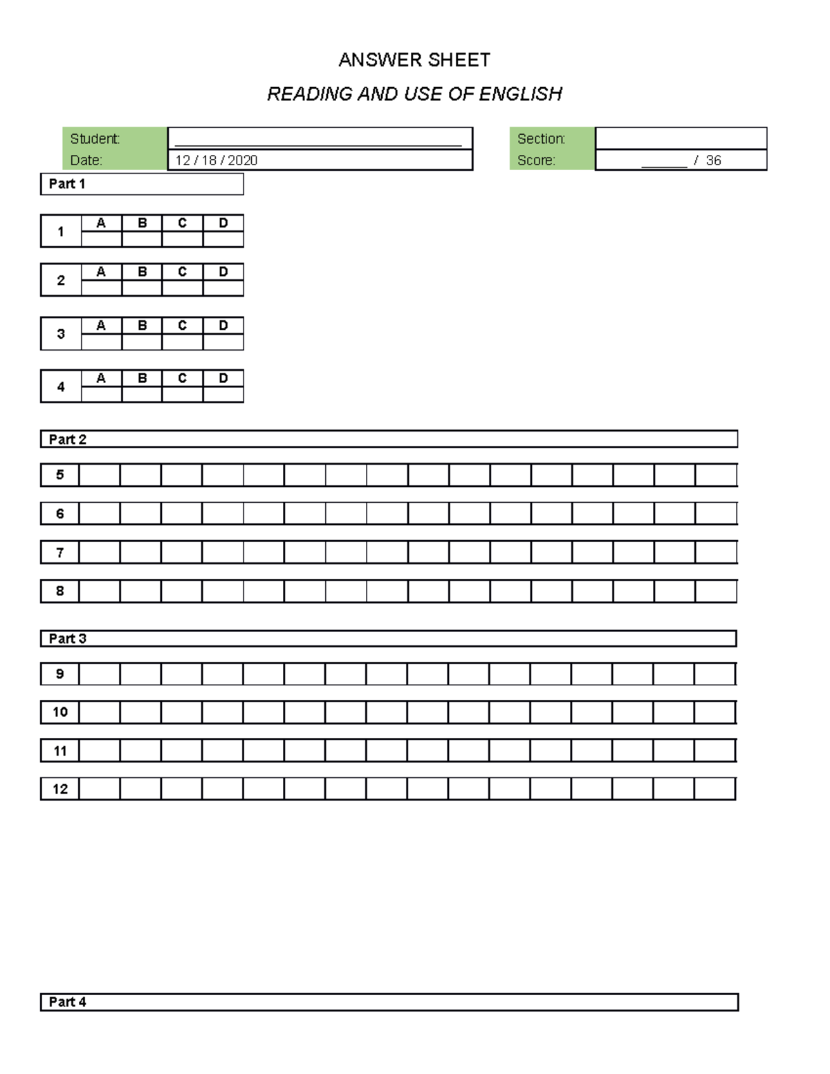 Ingles IB Certificate - Química - ANSWER SHEET READING AND USE OF ...