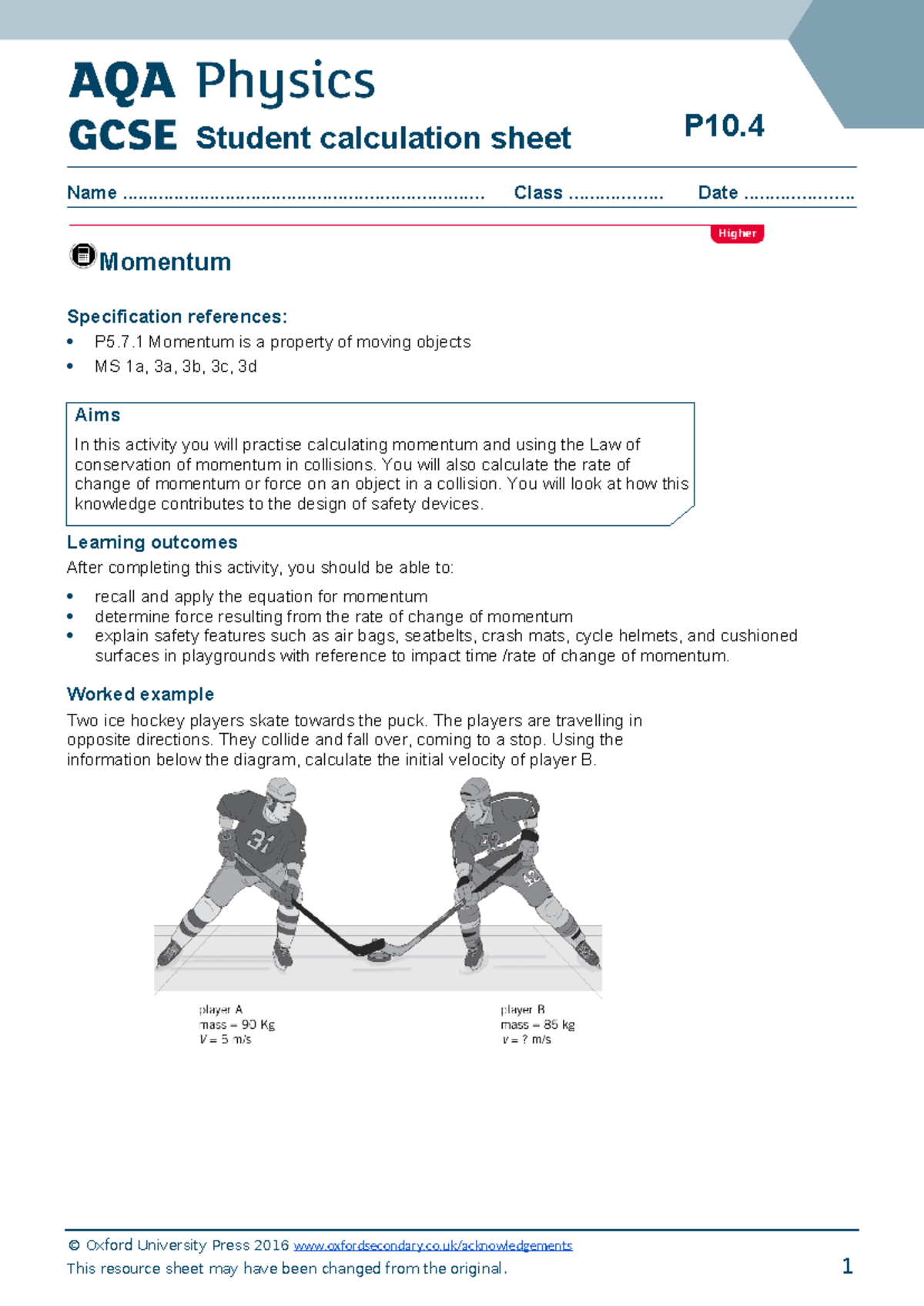 P10.3 Student Calculation sheet-QP - Student calculation sheet Name ...