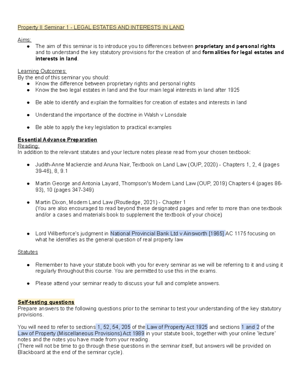 Property II seminar 1 - Legal estates and interests - Property II ...