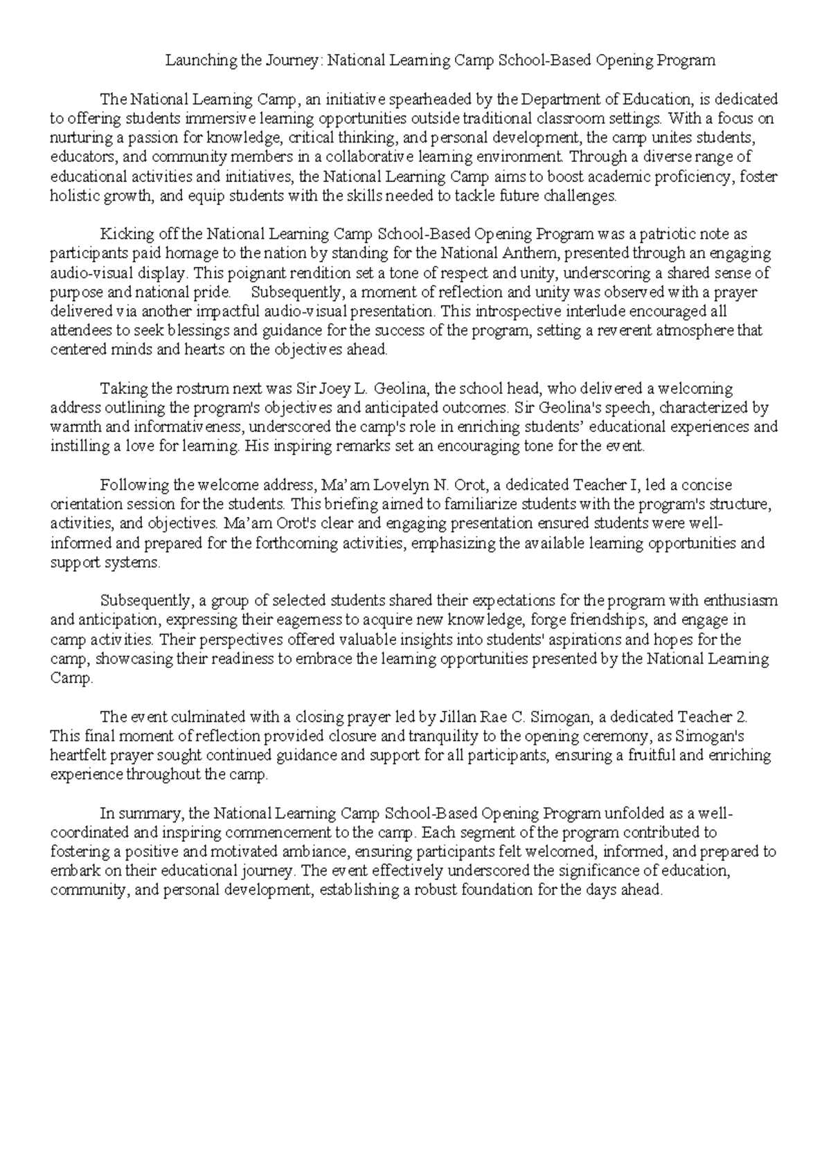 NLC Opening Narrative Report - Launching the Journey: National Learning ...