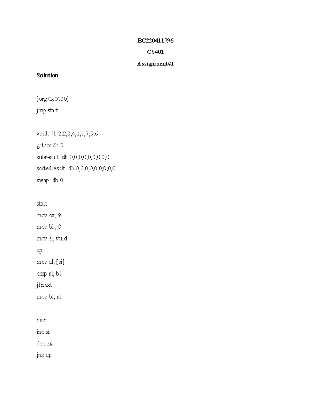 Cs401 Learing Bc Cs Assignment Solution Org 0x0100 Jmp Start Vuid Db 22041179