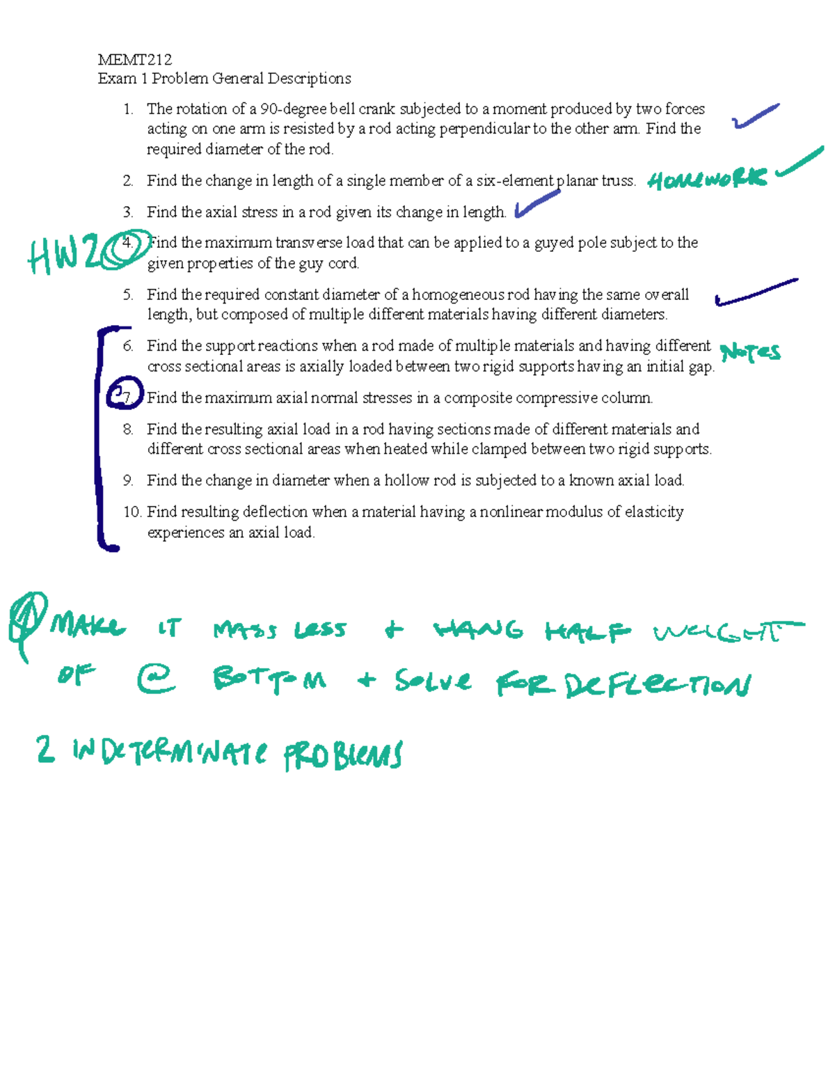 MEMT212 Exam 1 General Problem Descriptions - MEMT Exam 1 Problem ...