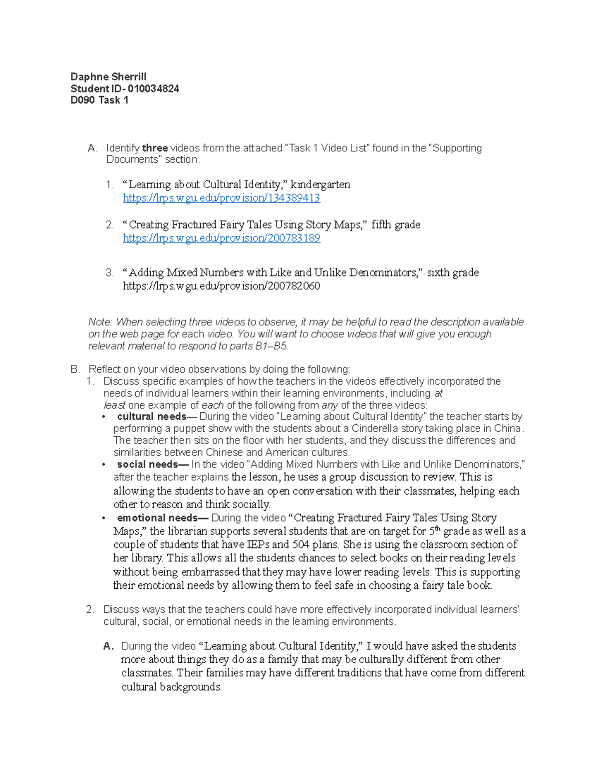 D090 Task 1 - d090 task 1 - Daphne Sherrill Student ID- 010034824 D090 ...